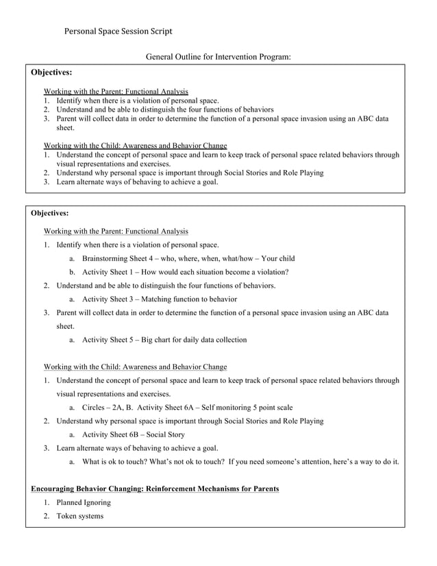 Personal Space Intervention Plan, Script | PDF | Parenting Babies and ...