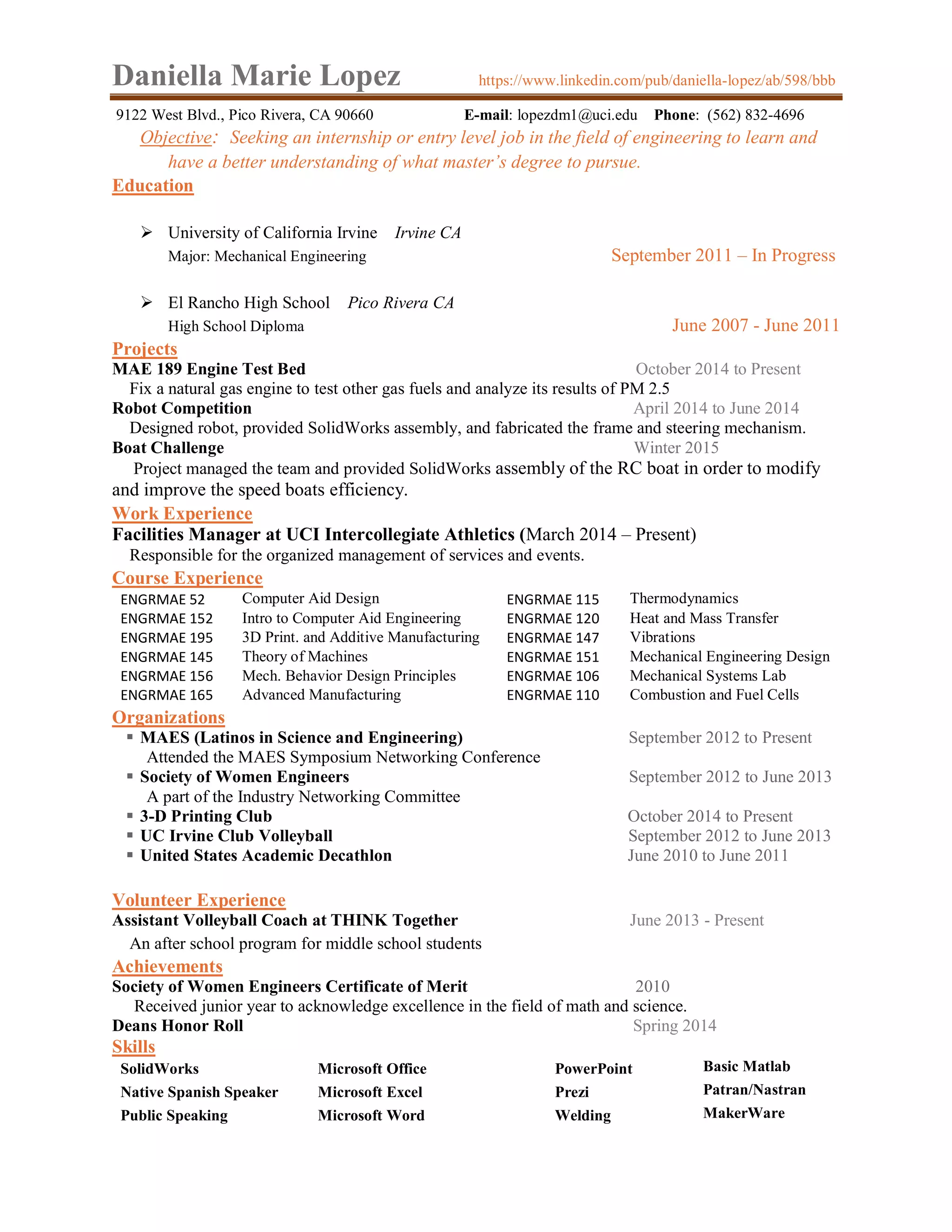 Daniella_Lopez_Resume | PDF | Civil Engineering Industry | Industries