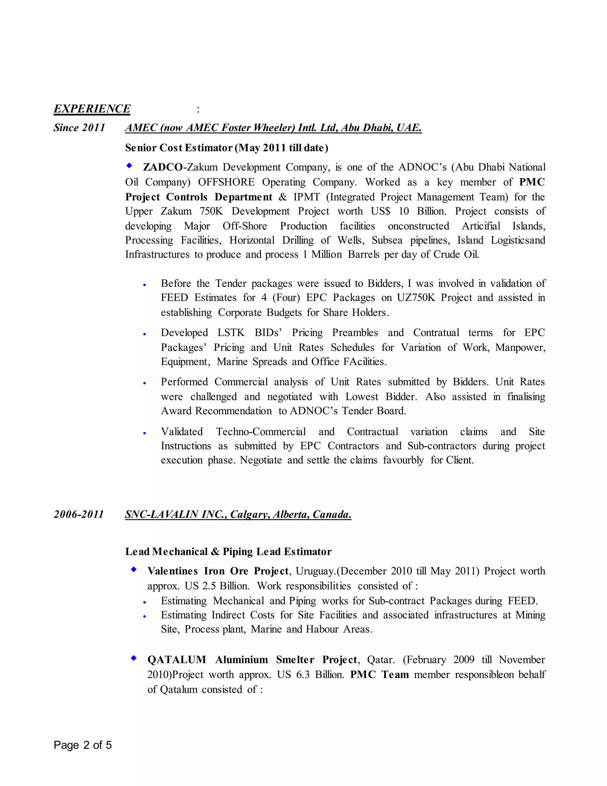 Sr Cost Estimator-Resume (July 2016)-Pankaj Kisnadwala | DOCX