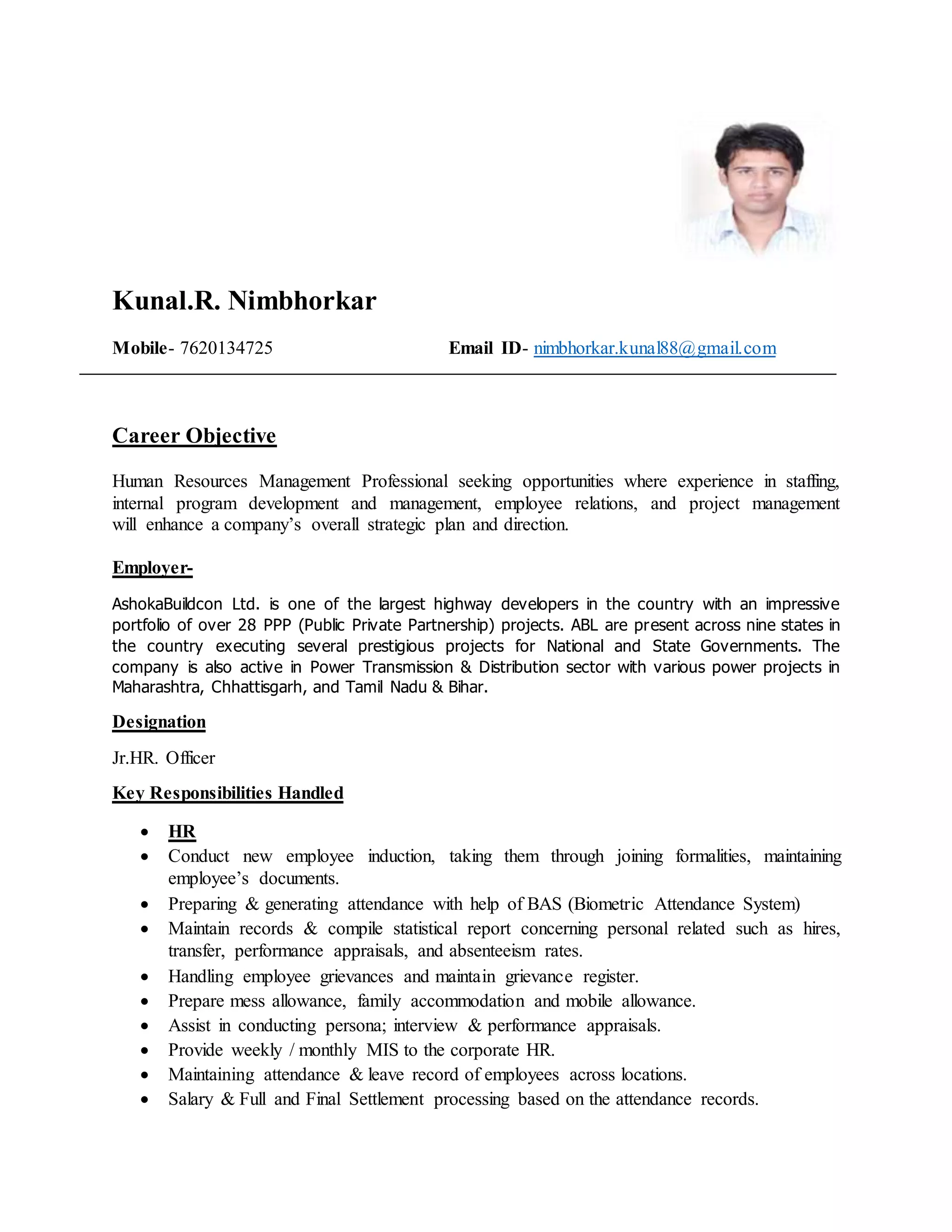 Resume of Kunal Nimbhorkar ( HR) (1) | DOCX | Human Resources | Business