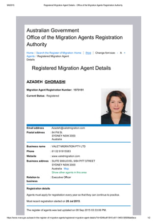Registered Migration Agent Details - Office of the Migration Agents Registration Authority | PDF