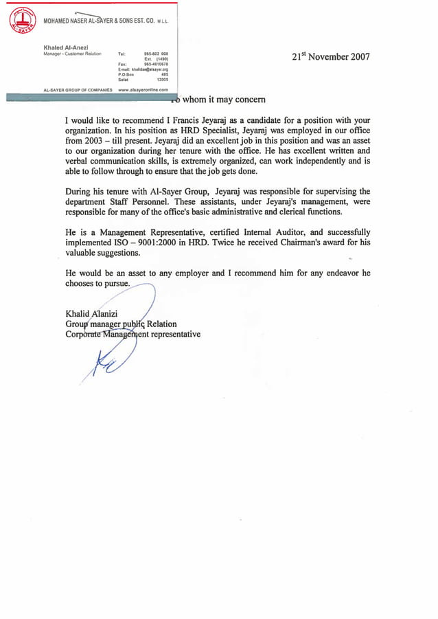 Reference Letter by GM-PR | PDF