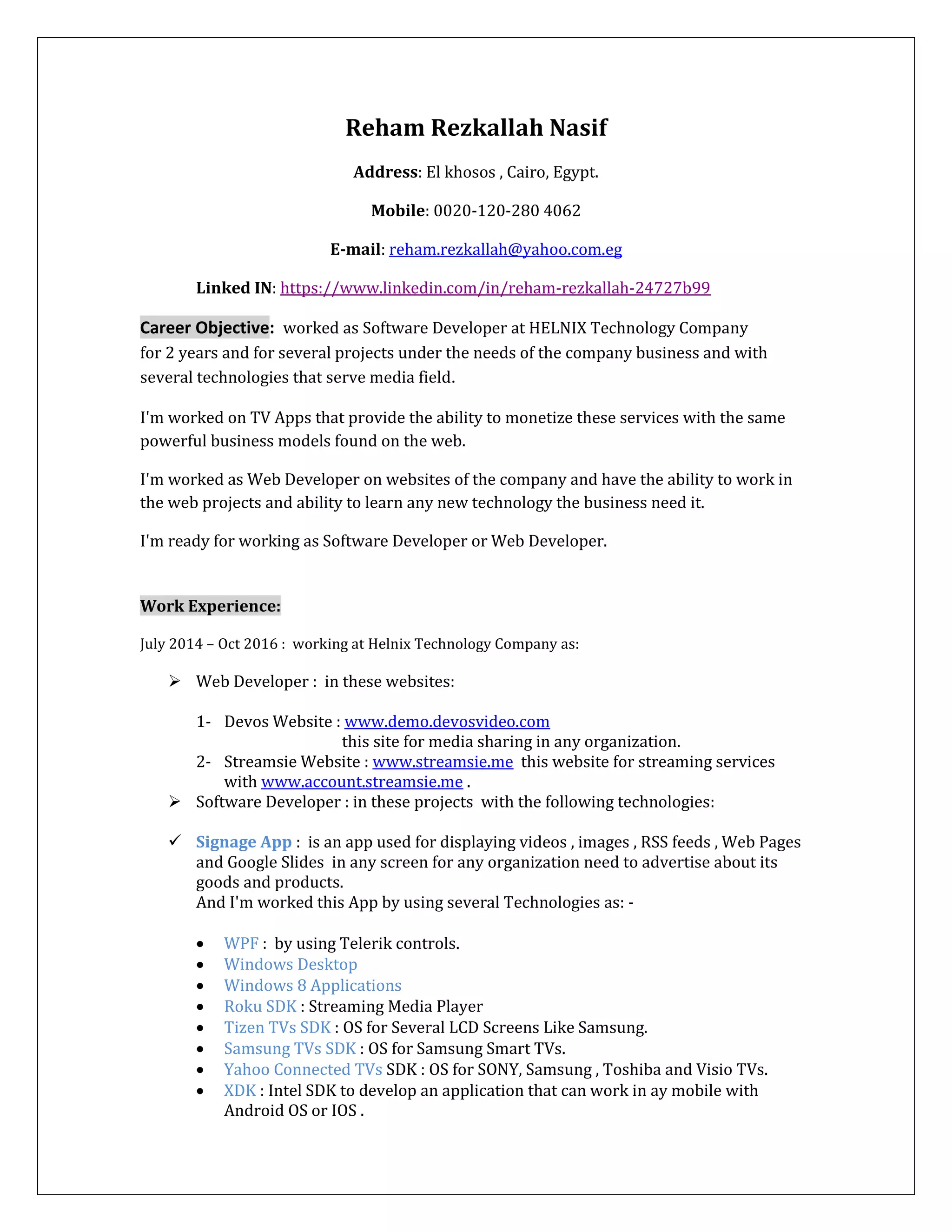 Reham Rezkallah Nasif -CV-10102016 | PDF