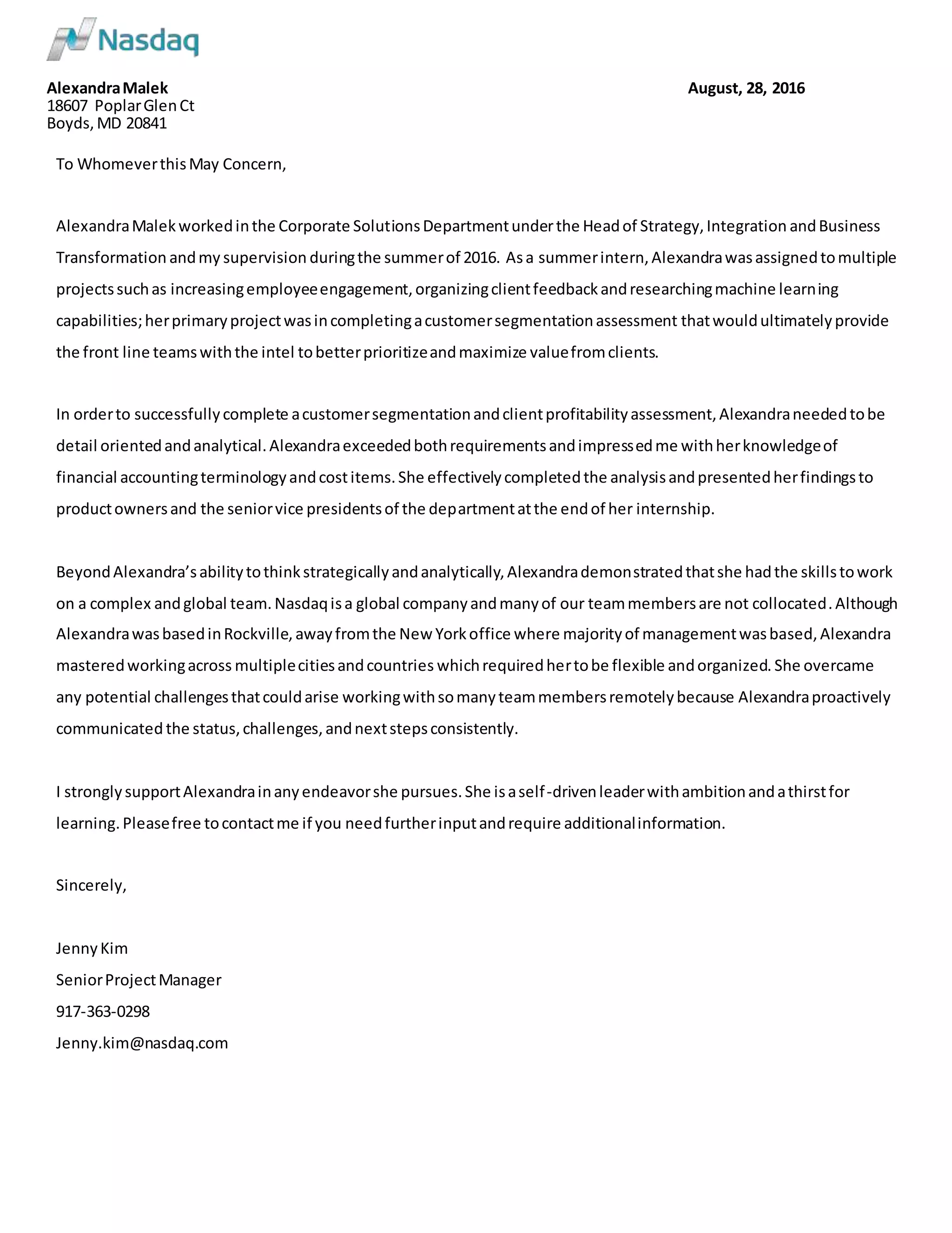 Nasdaq Recommendation Letter | DOCX