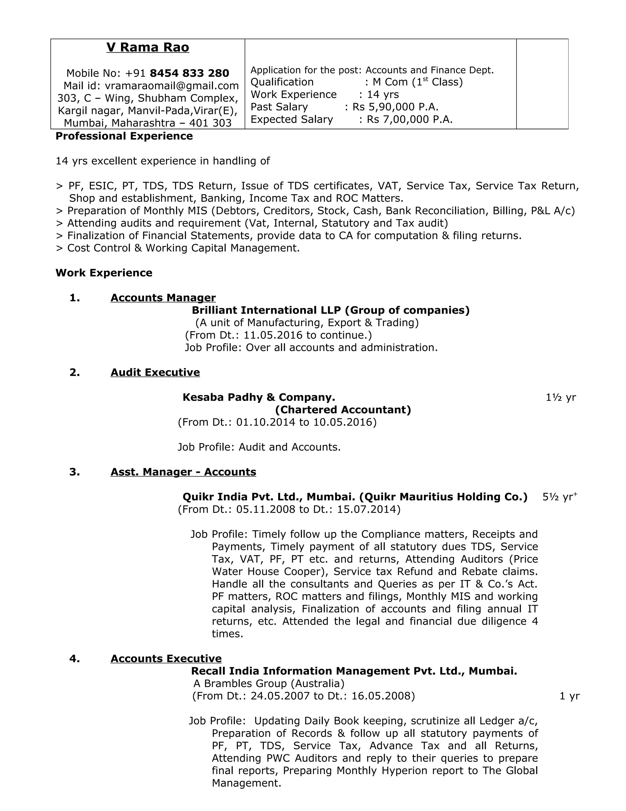 V Rama Rao - CV | DOC