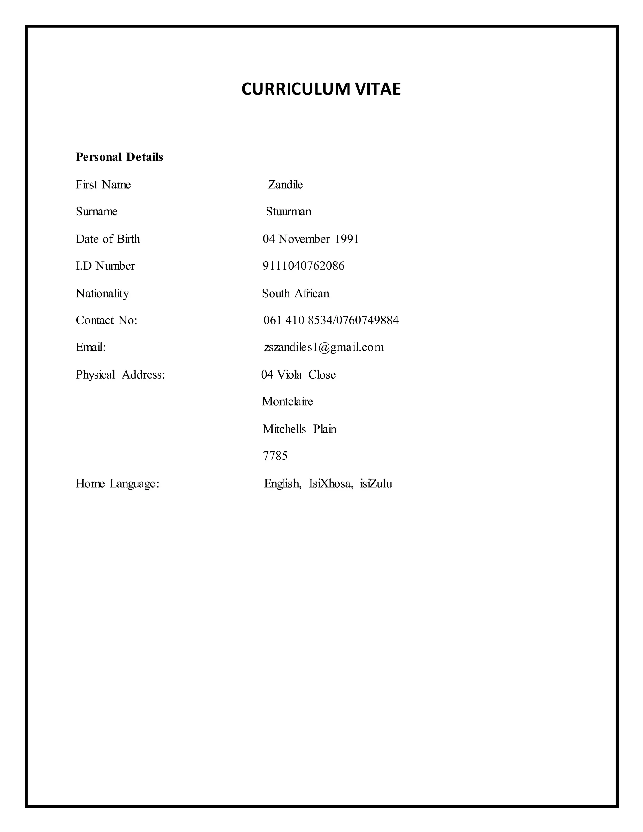 Zandile Stuurman's CV | PDF