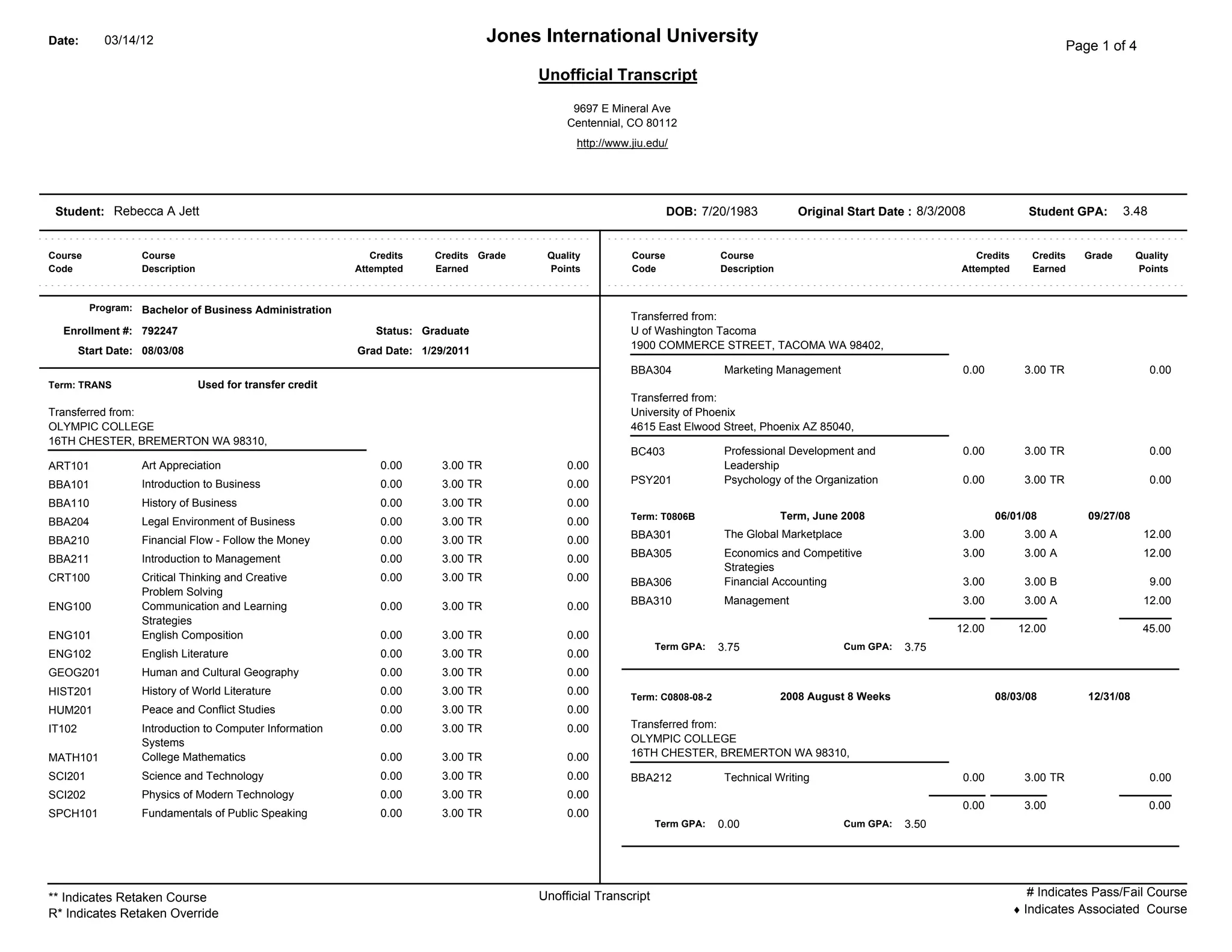 JIU Trasncript 3-14-2012 | PDF | Undergraduate Education | College Education
