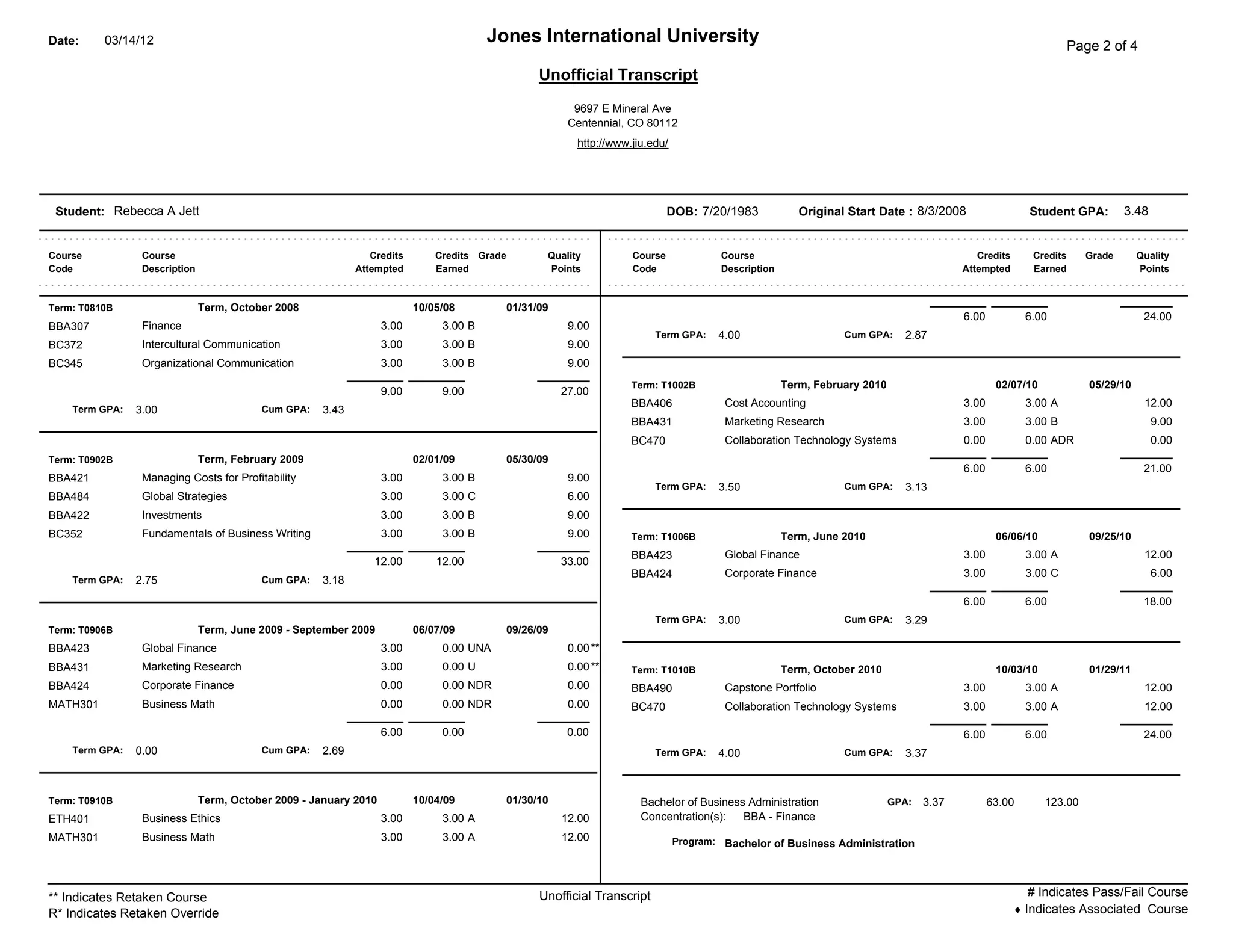 JIU Trasncript 3-14-2012 | PDF | Undergraduate Education | College Education