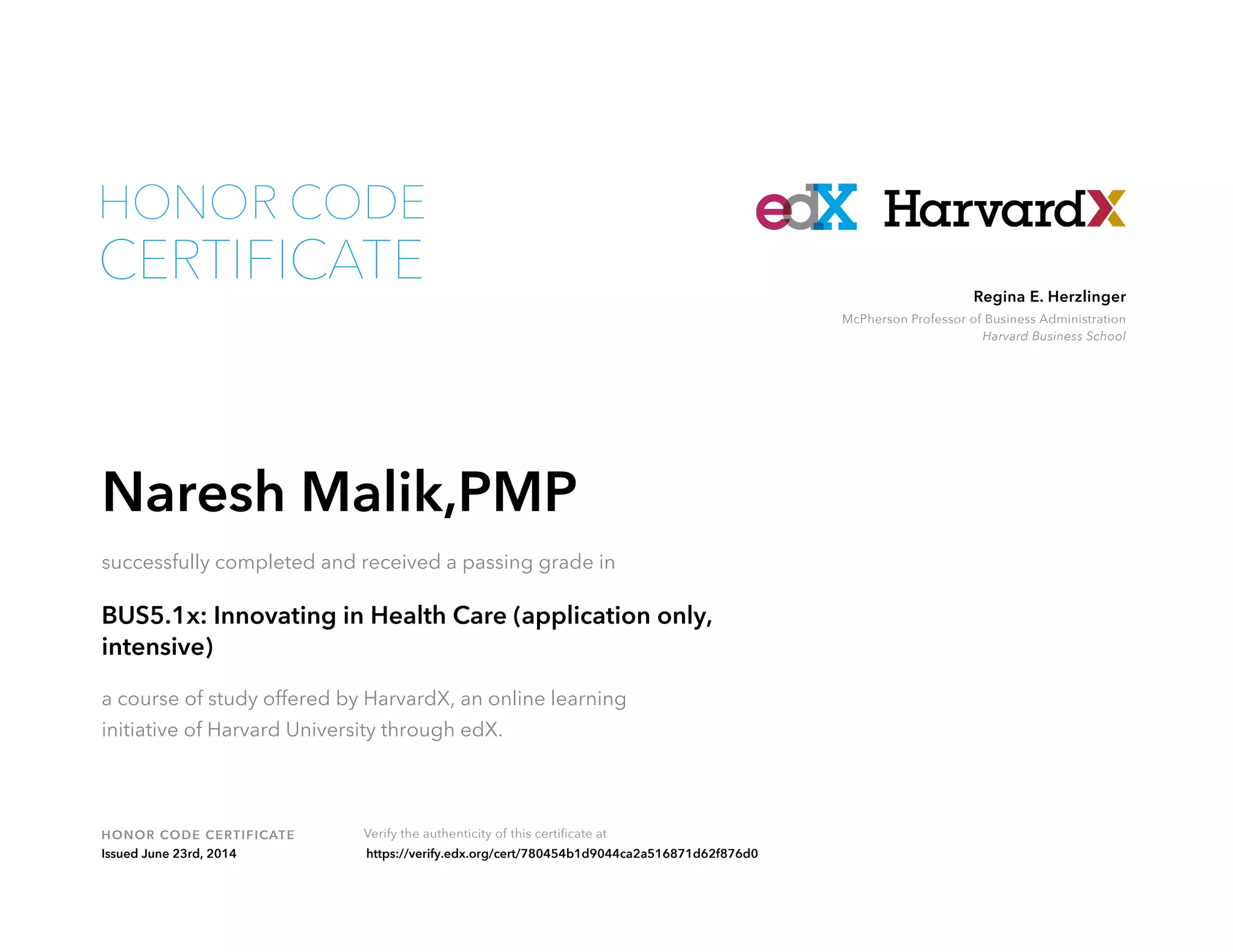 Certificate-HarvardX - Innovating in Healthcare -Intensive | PDF