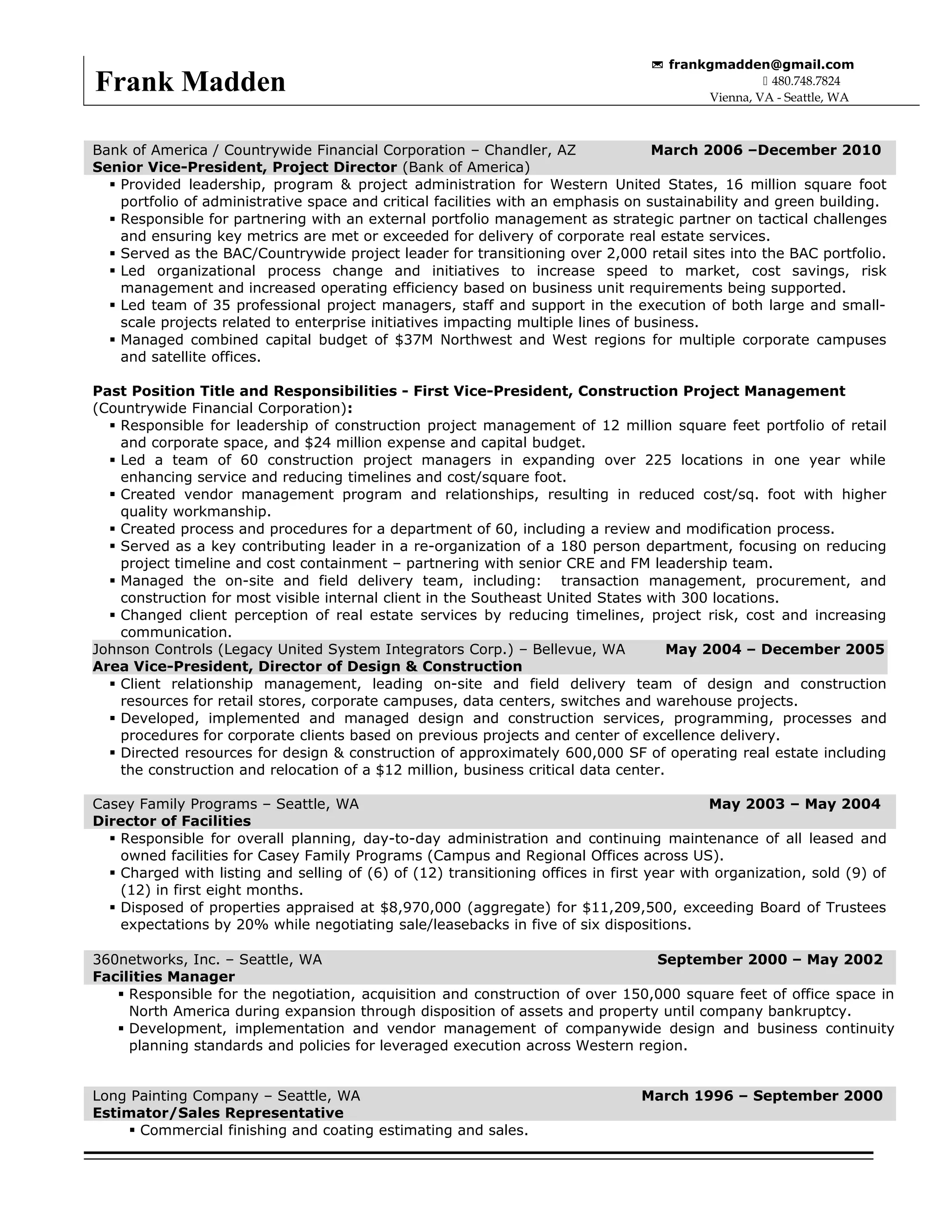 Frank Madden - resume | DOC | Real Estate Industry | Industries