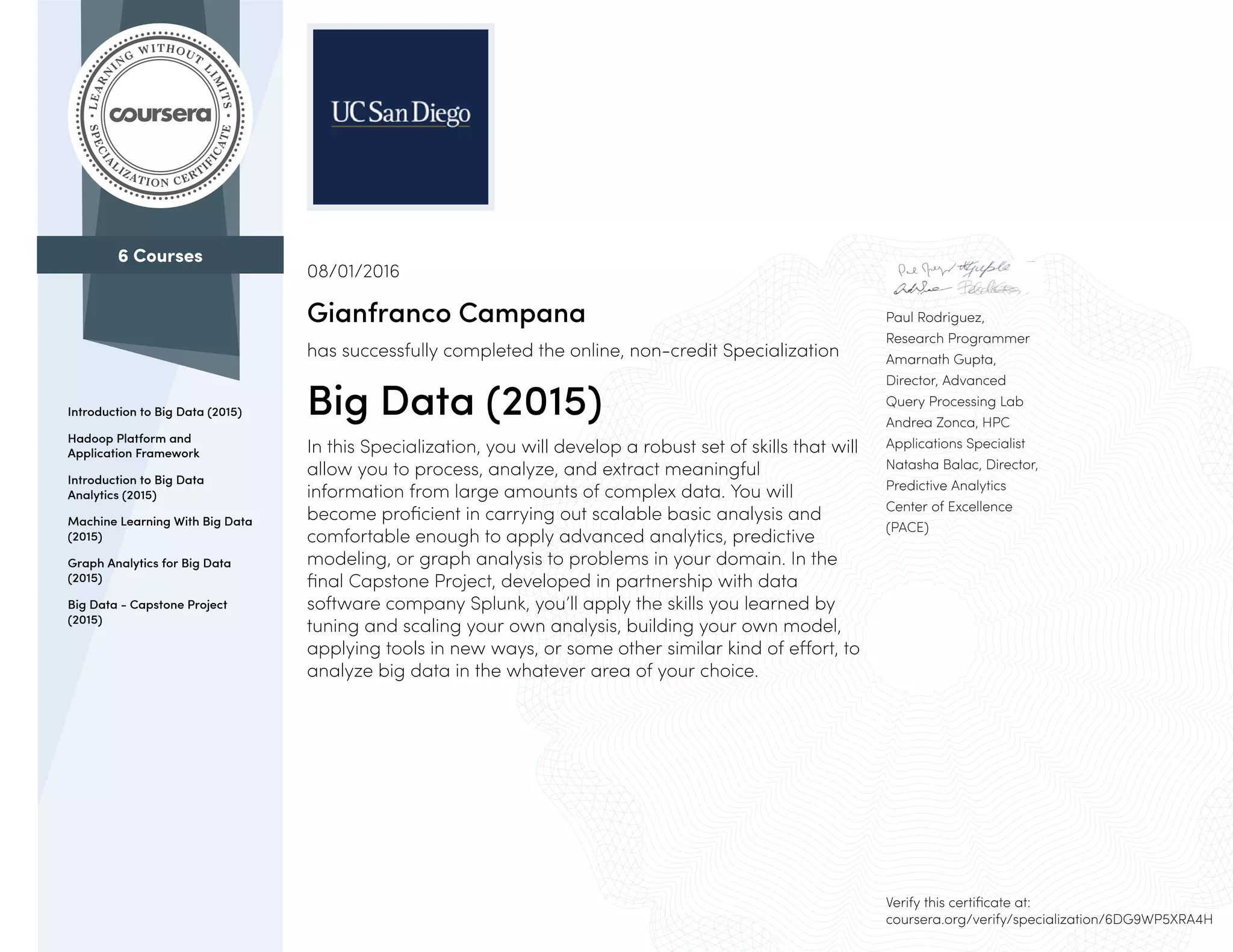 Big Data Specialization Certificate 2015 | PPT
