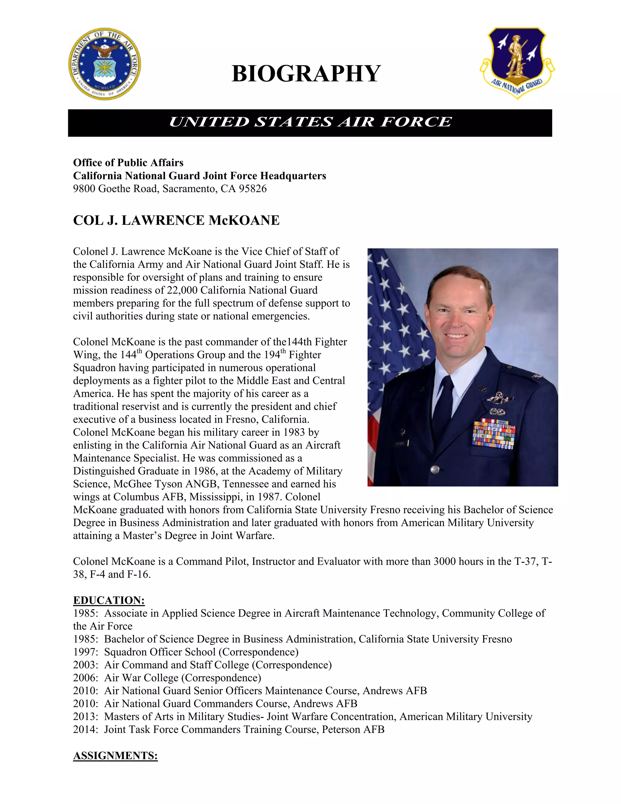 Official bio Col McKoane May 2015 JFHQ | PDF