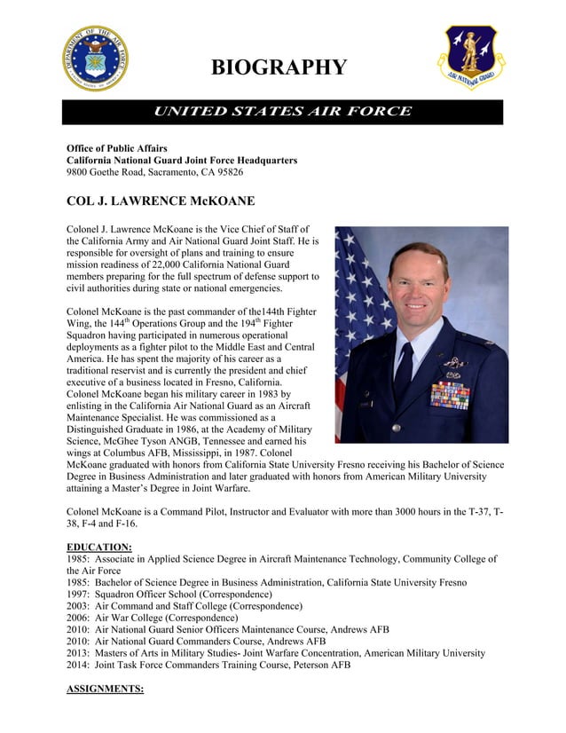 Official bio Col McKoane May 2015 JFHQ