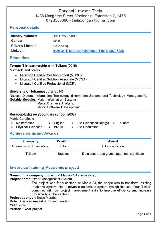 Bongani Thela's Resume | DOCX | Databases | Computer Software and Applications