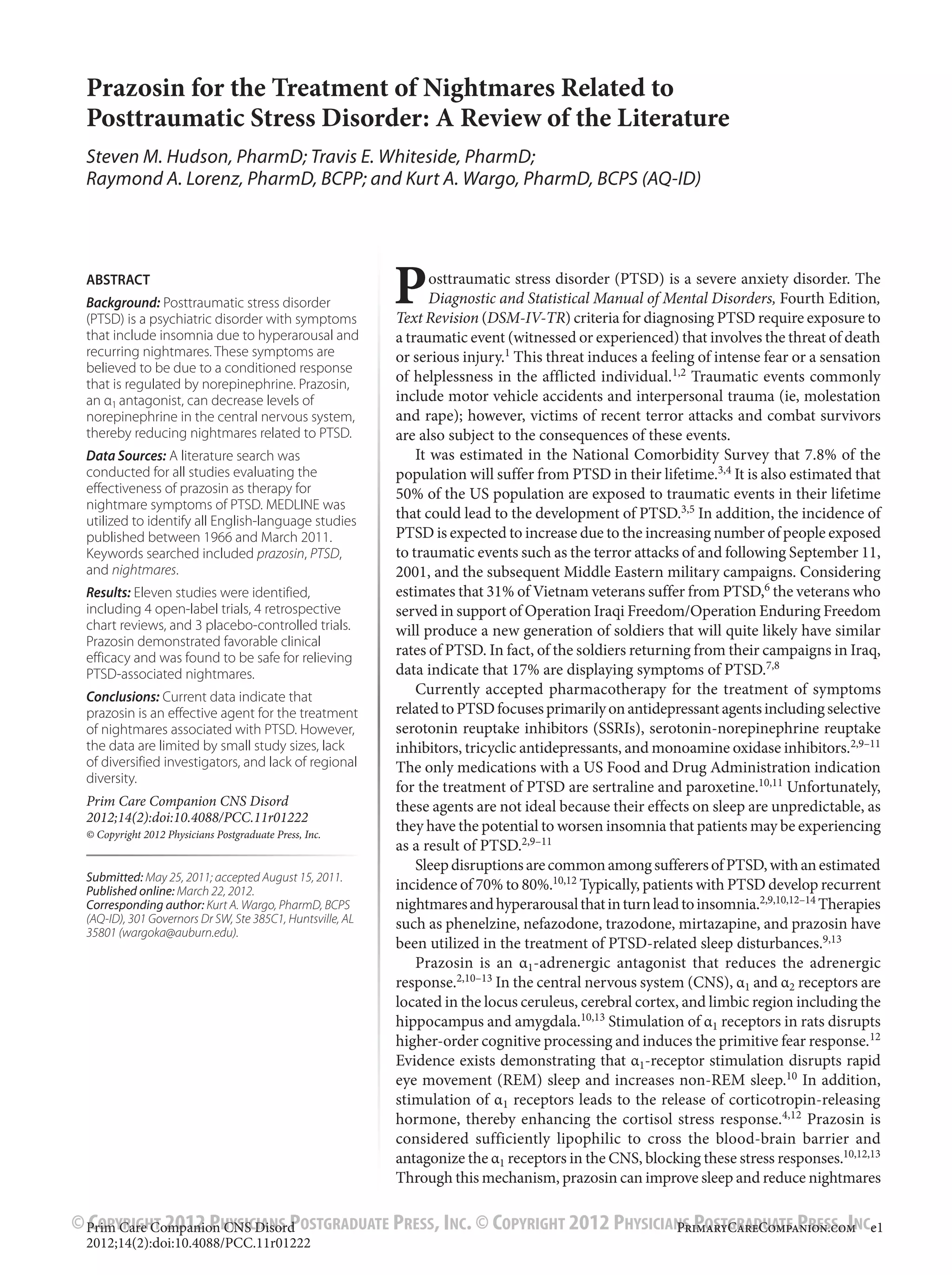 Prazosin for the Treatment of Nightmares Related to Posttraumatic ...