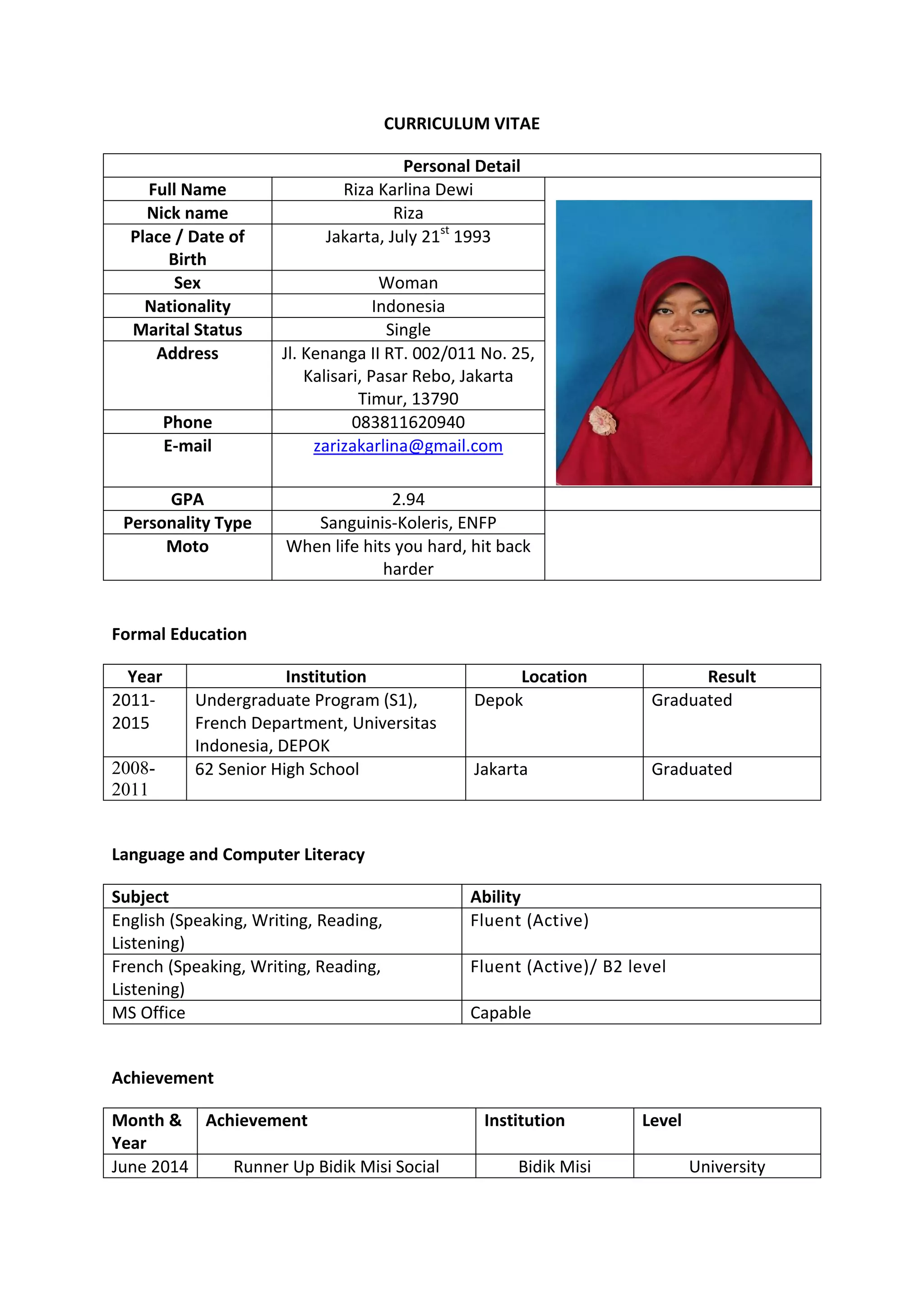 CV Riza Karlina Dewi | PDF