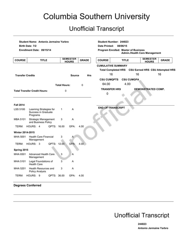 Columbia Southern Transcript | PDF | Education