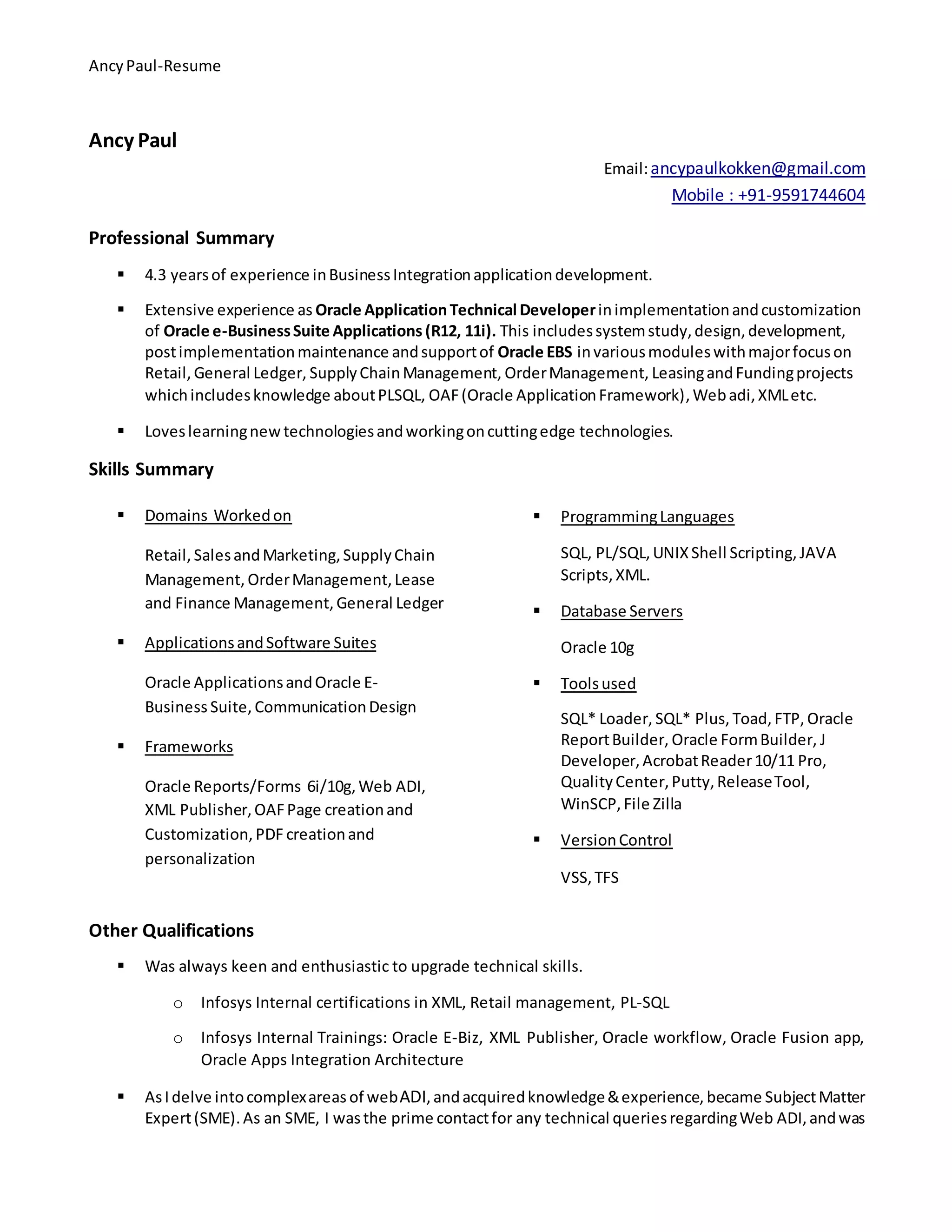 Ancy Paul-Resume | DOCX | Databases | Computer Software and Applications