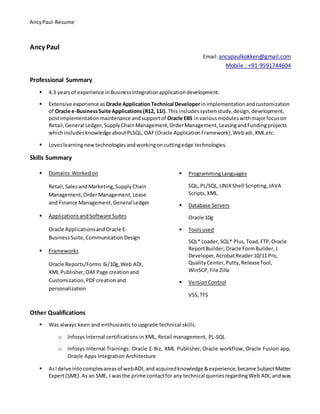 Ancy Paul-Resume | DOCX | Databases | Computer Software and Applications