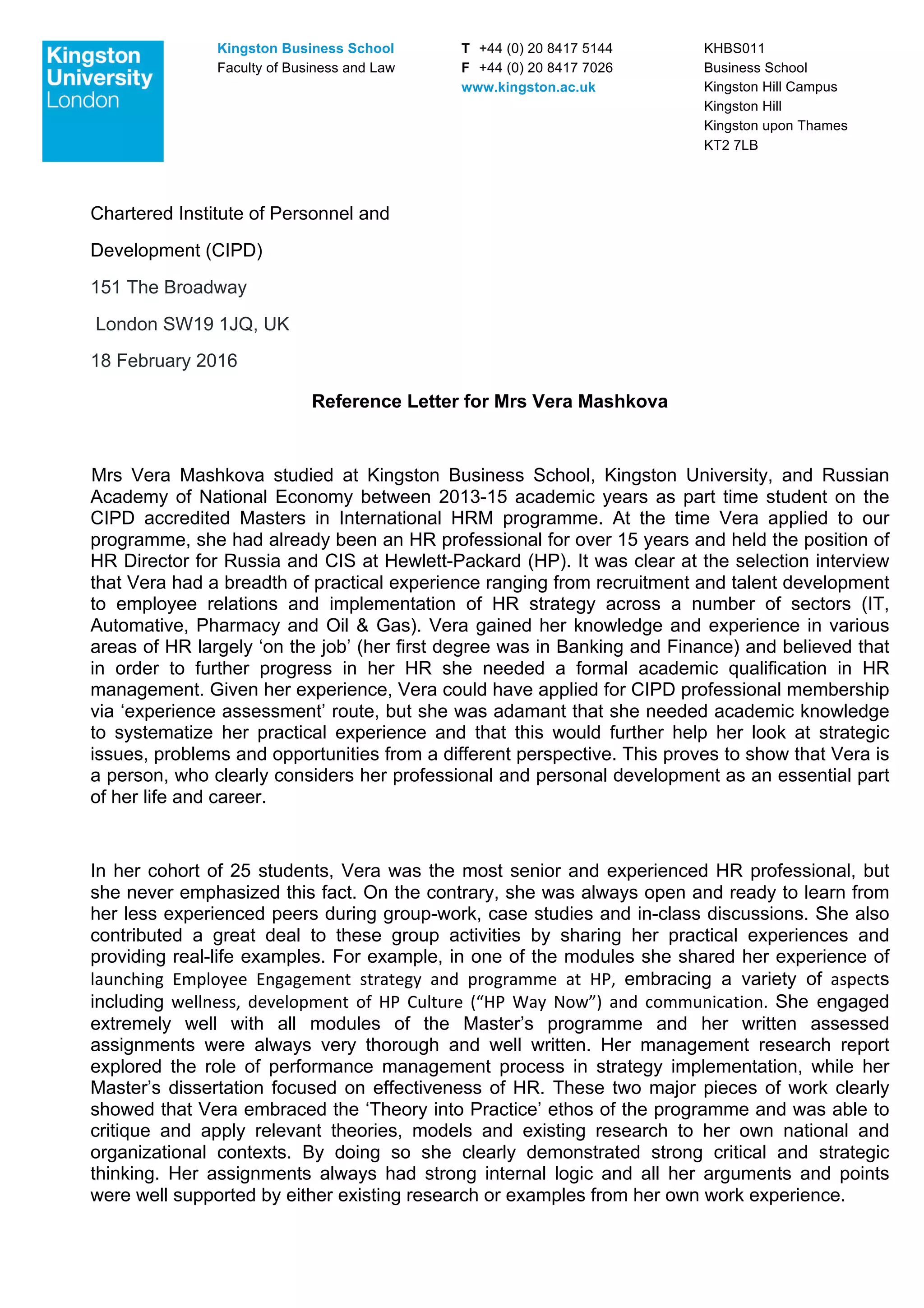 Reference Letter for Vera Mashkova | PDF