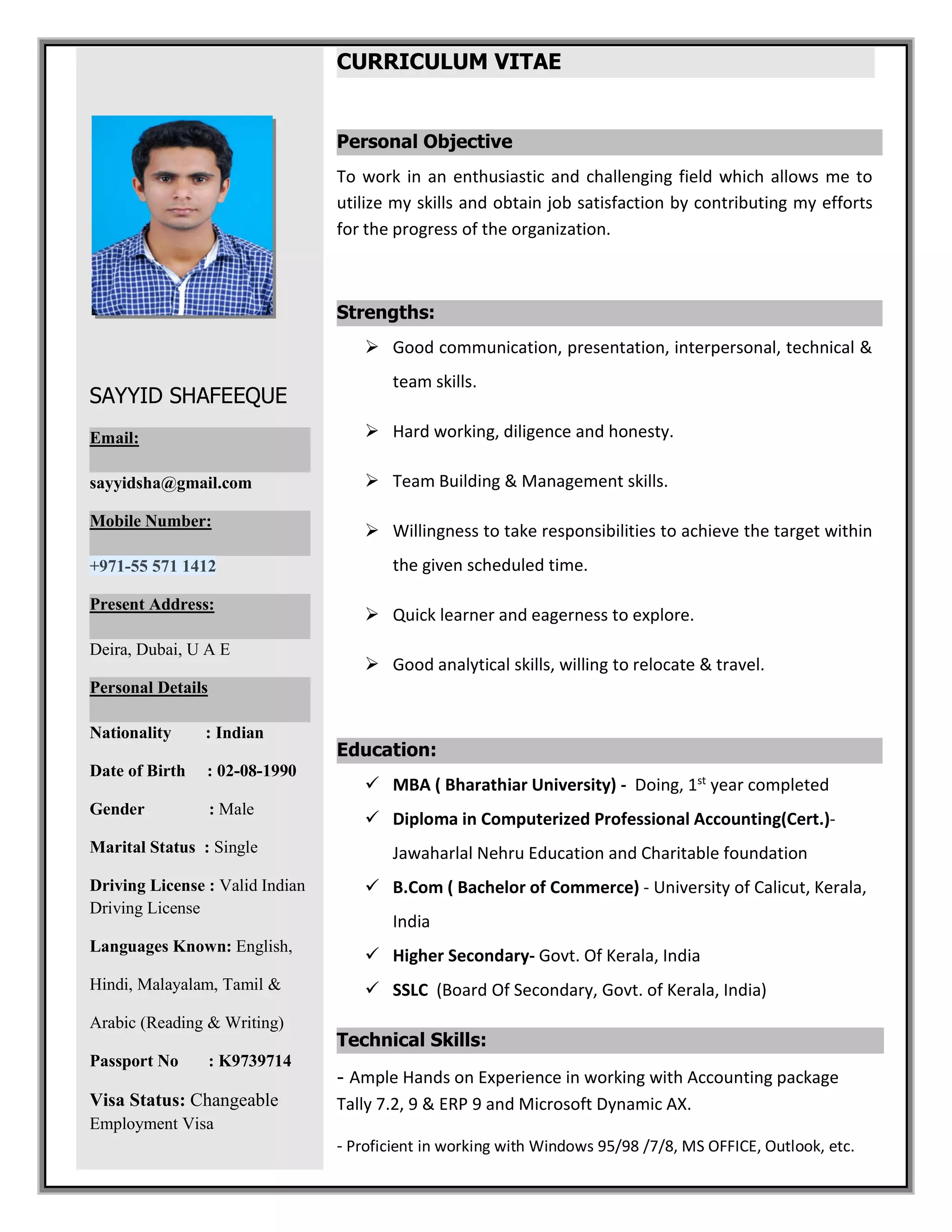 SAYYID SHAFEEQUE RESUME | PDF