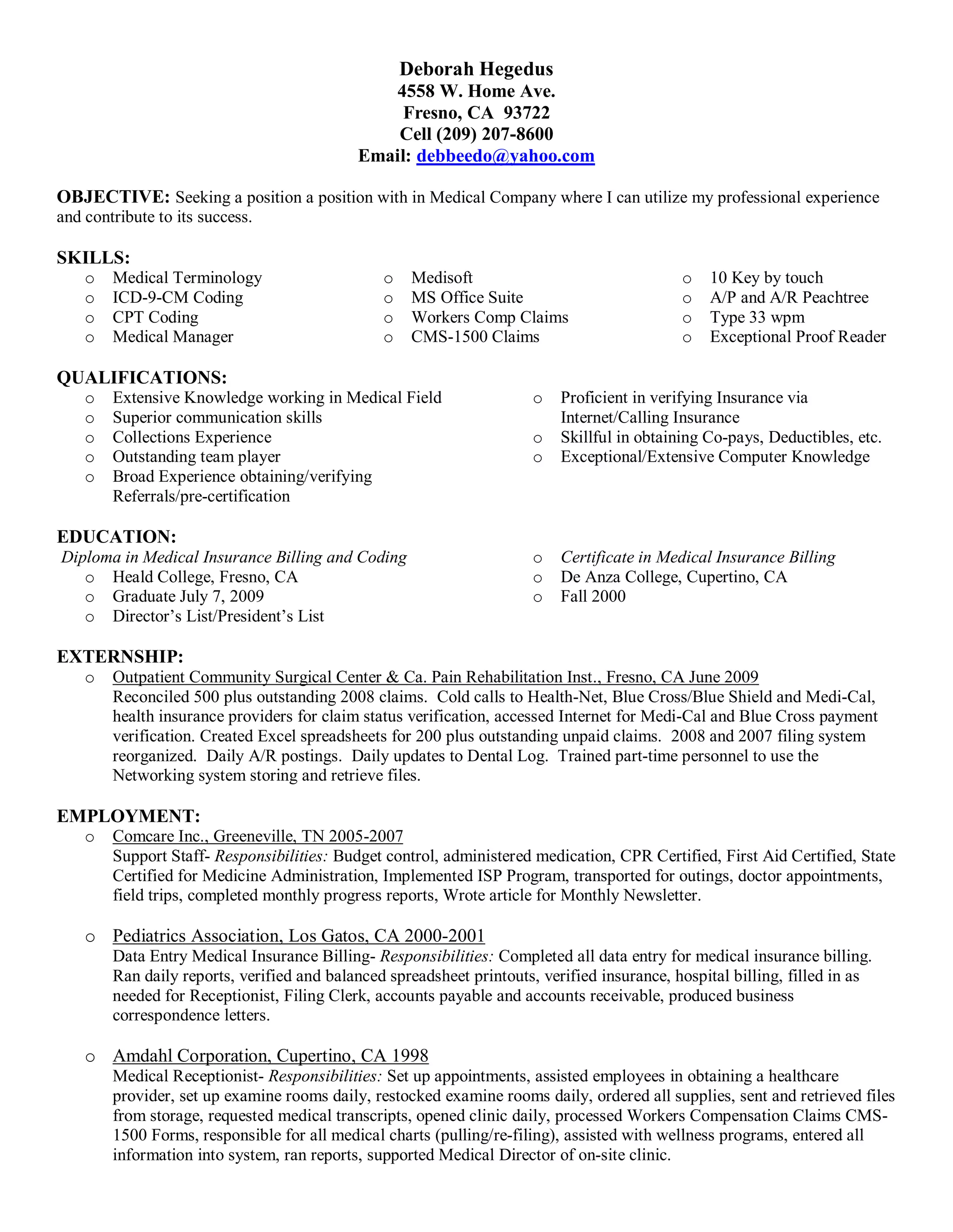 Medical Billing Resume | DOCX