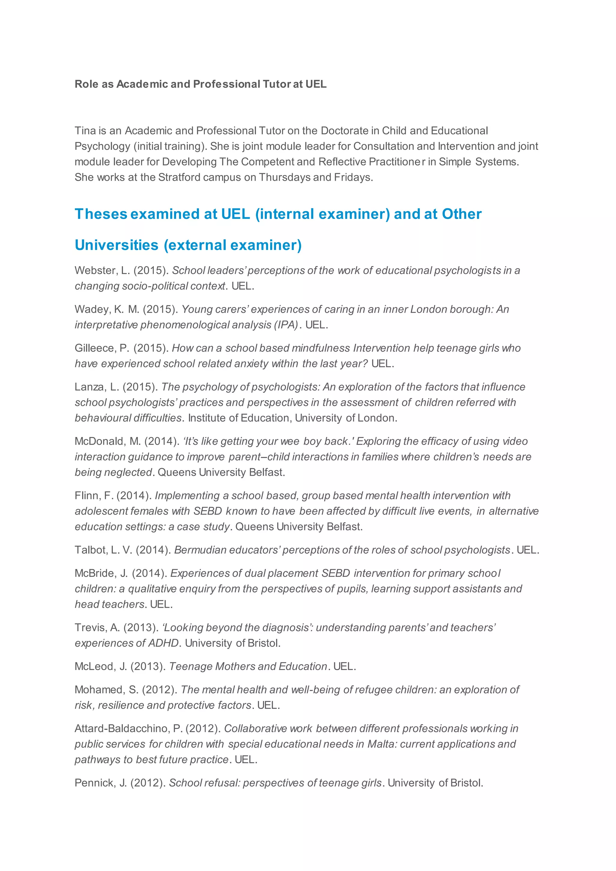 Role as Academic and Professional Tutor at UEL | PDF