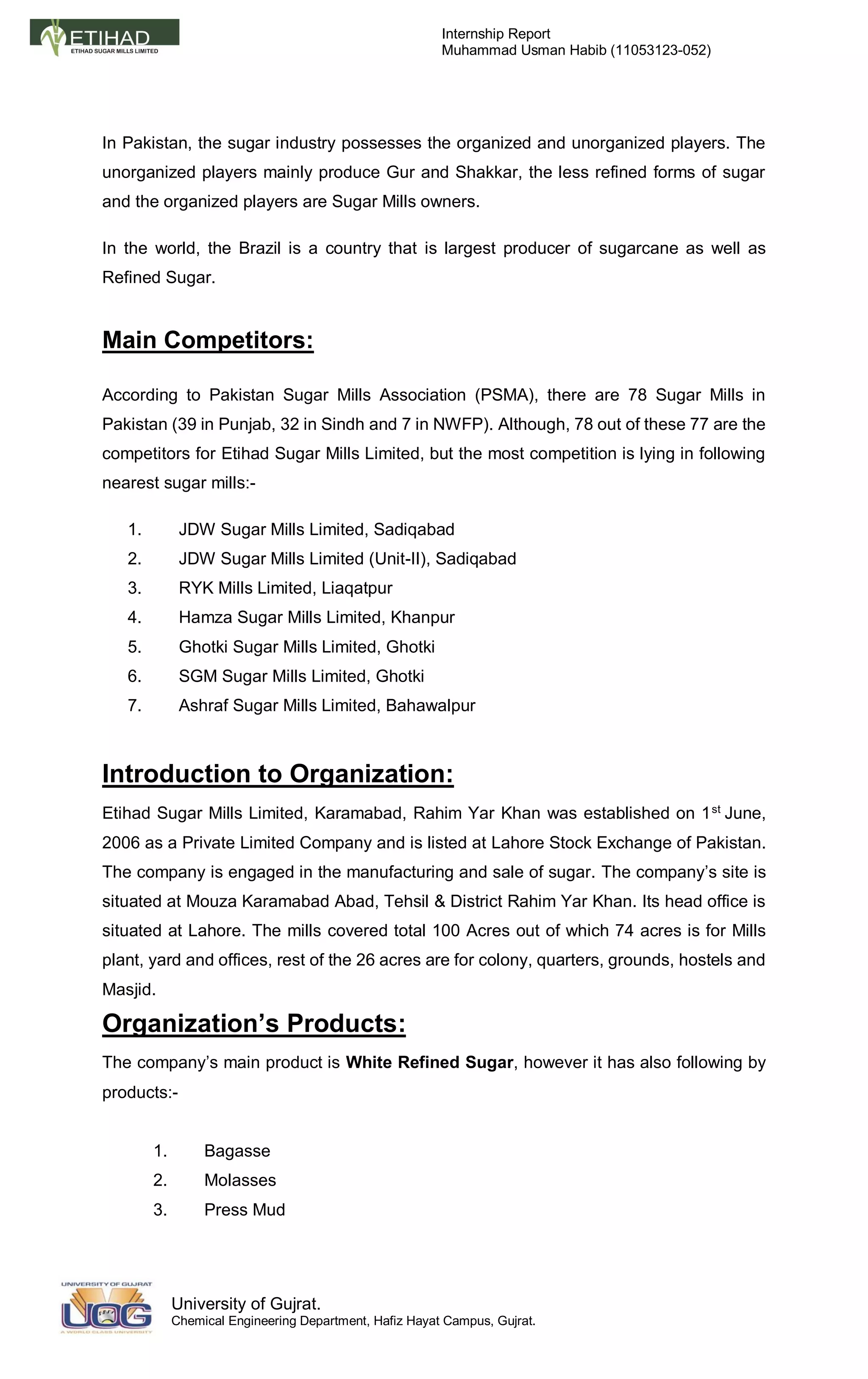 Internship Report, Etihad Sugar Mills Limted, RYK | PDF