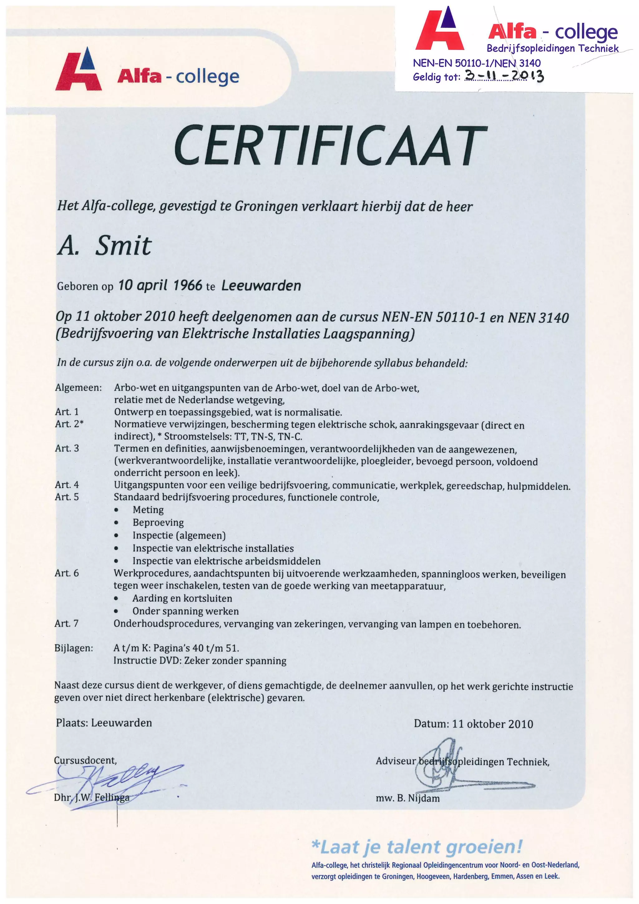 Certificat Electrical installations Low-voltage A.Smit