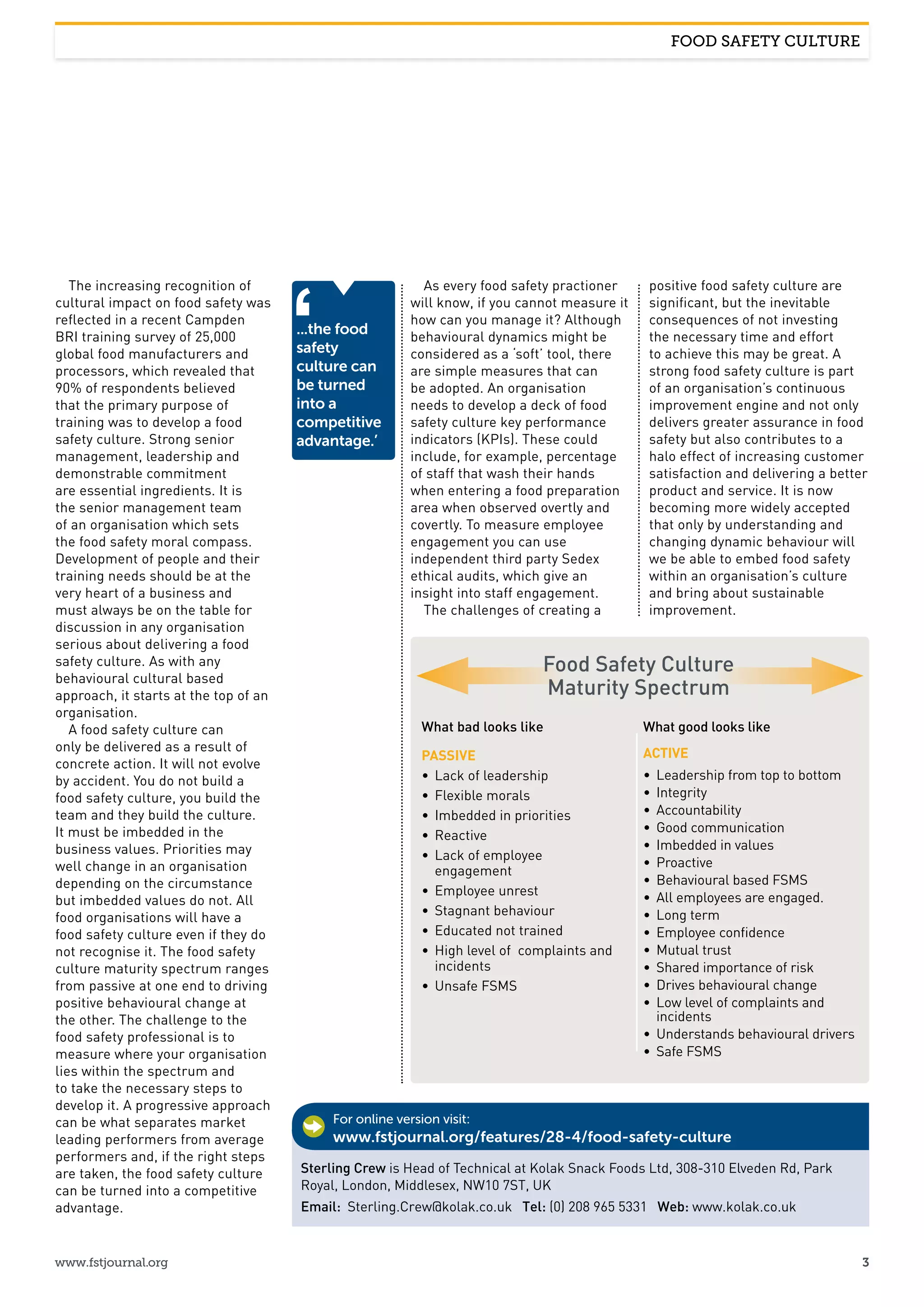 Sterling. Delivering a food Safety culture IFST Food Sceince and ...