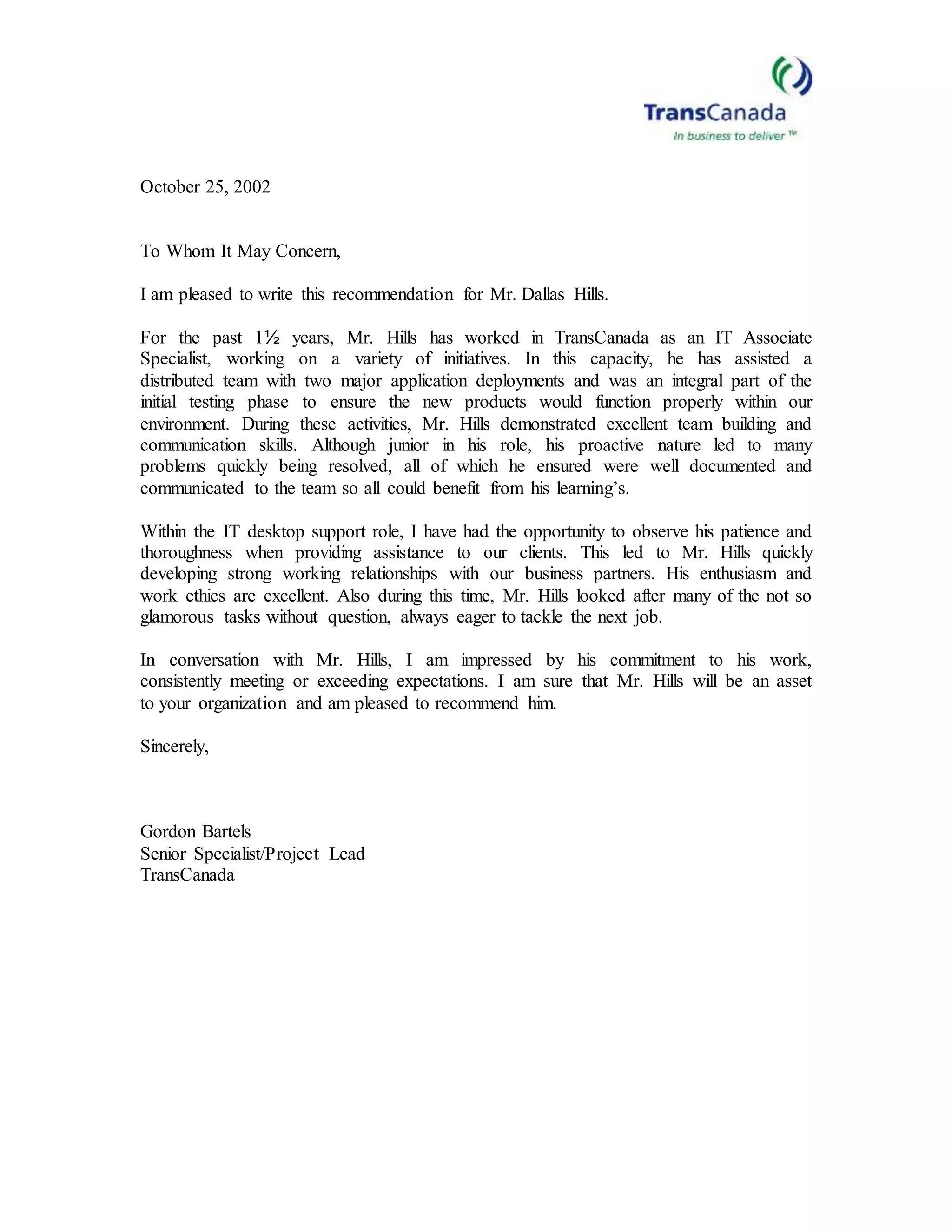 Recommendation letter from Gord Bartels | PDF