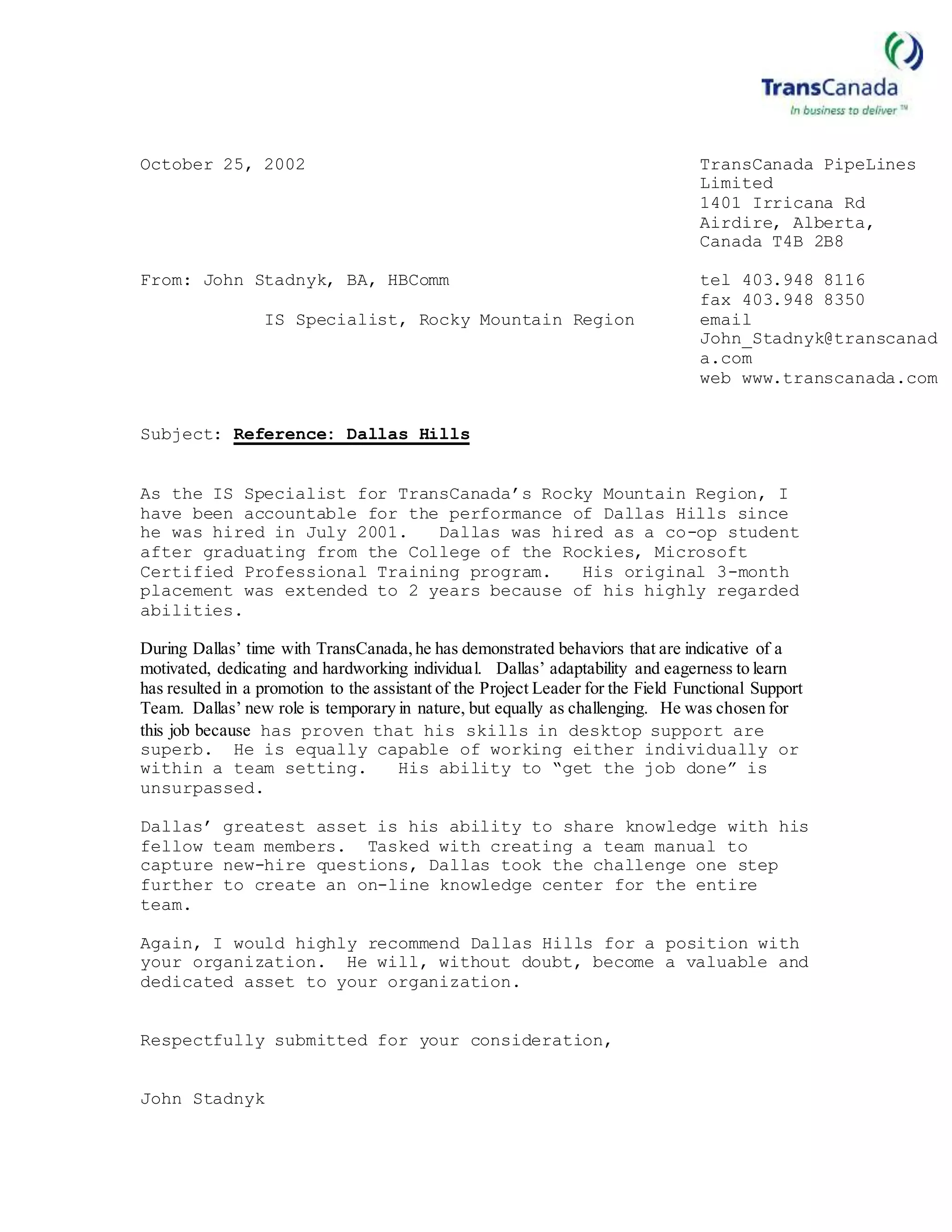 Recommendation letter from Gord Bartels | PDF