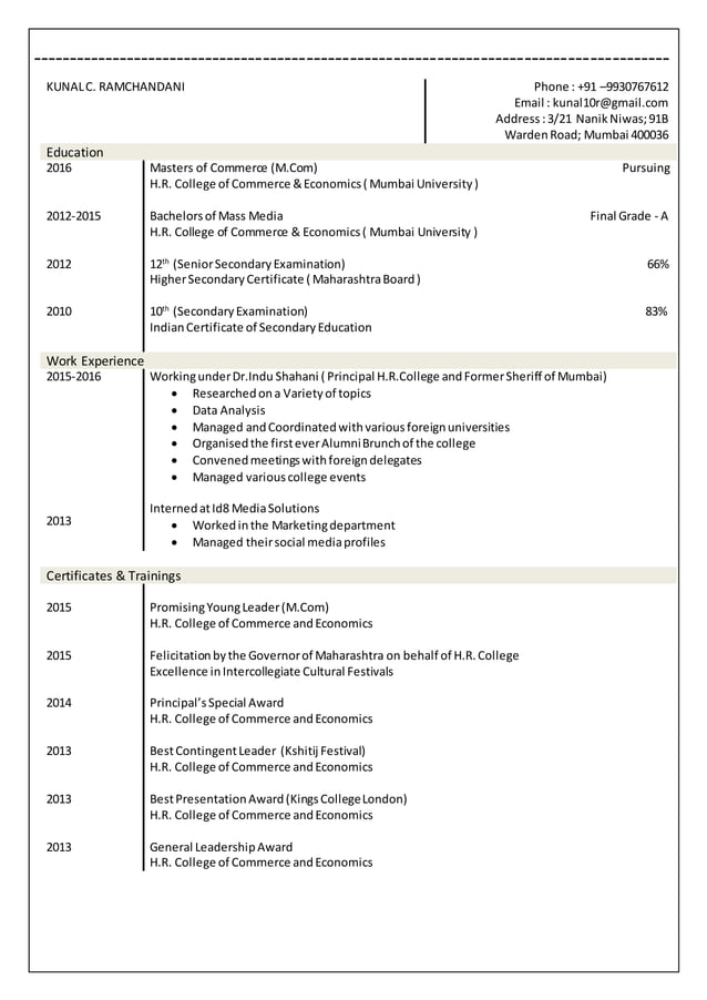 KUNAL R CV | DOCX | Education industry | Industries