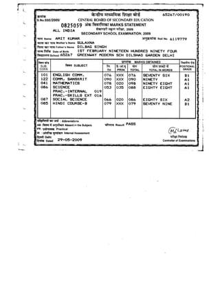 Amit Kumar - MarkSheet CBSE 10th | PDF