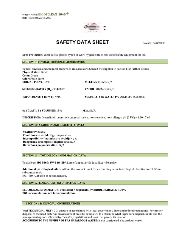 MSDS Biodeclean 1040 English | PDF