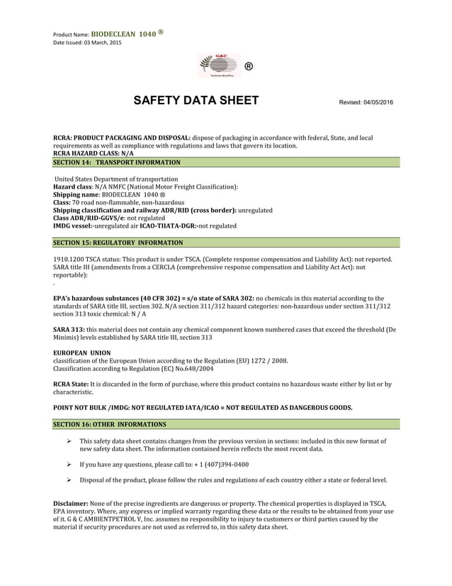 MSDS Biodeclean 1040 English | PDF