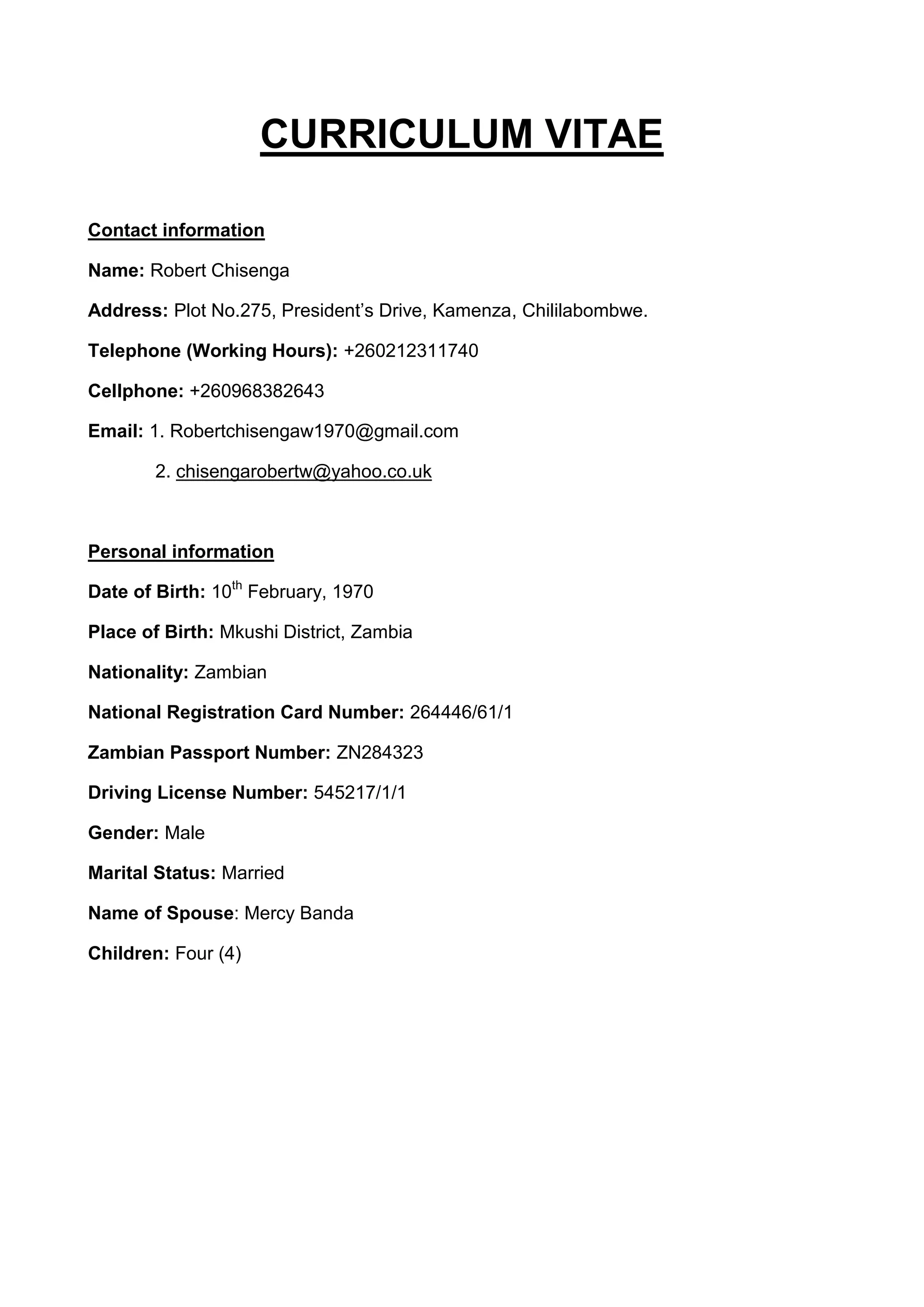 ROBERT CHISENGA - CURRICULUM VITAE - LATEST 2016 | PDF | Business ...