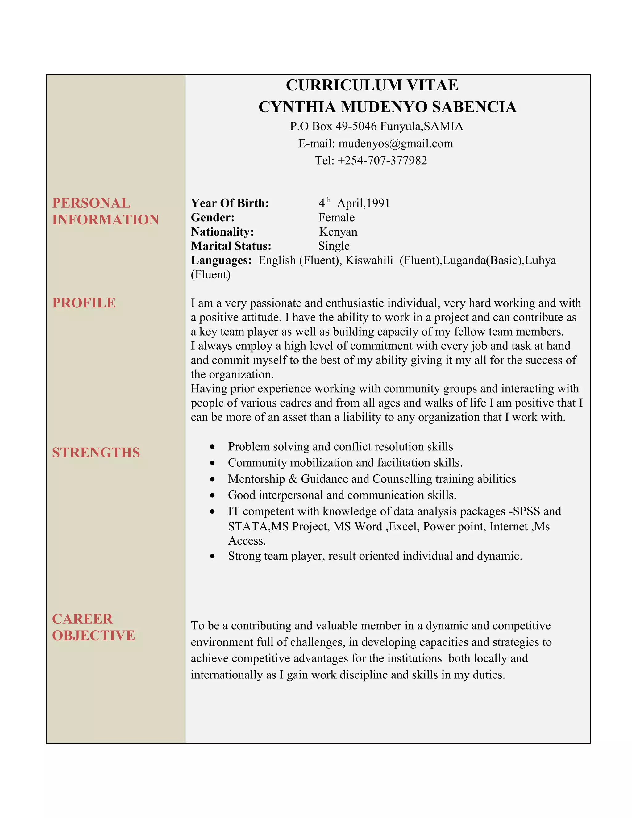 CYNTHIA MUDENYO CV UPDATE | DOC