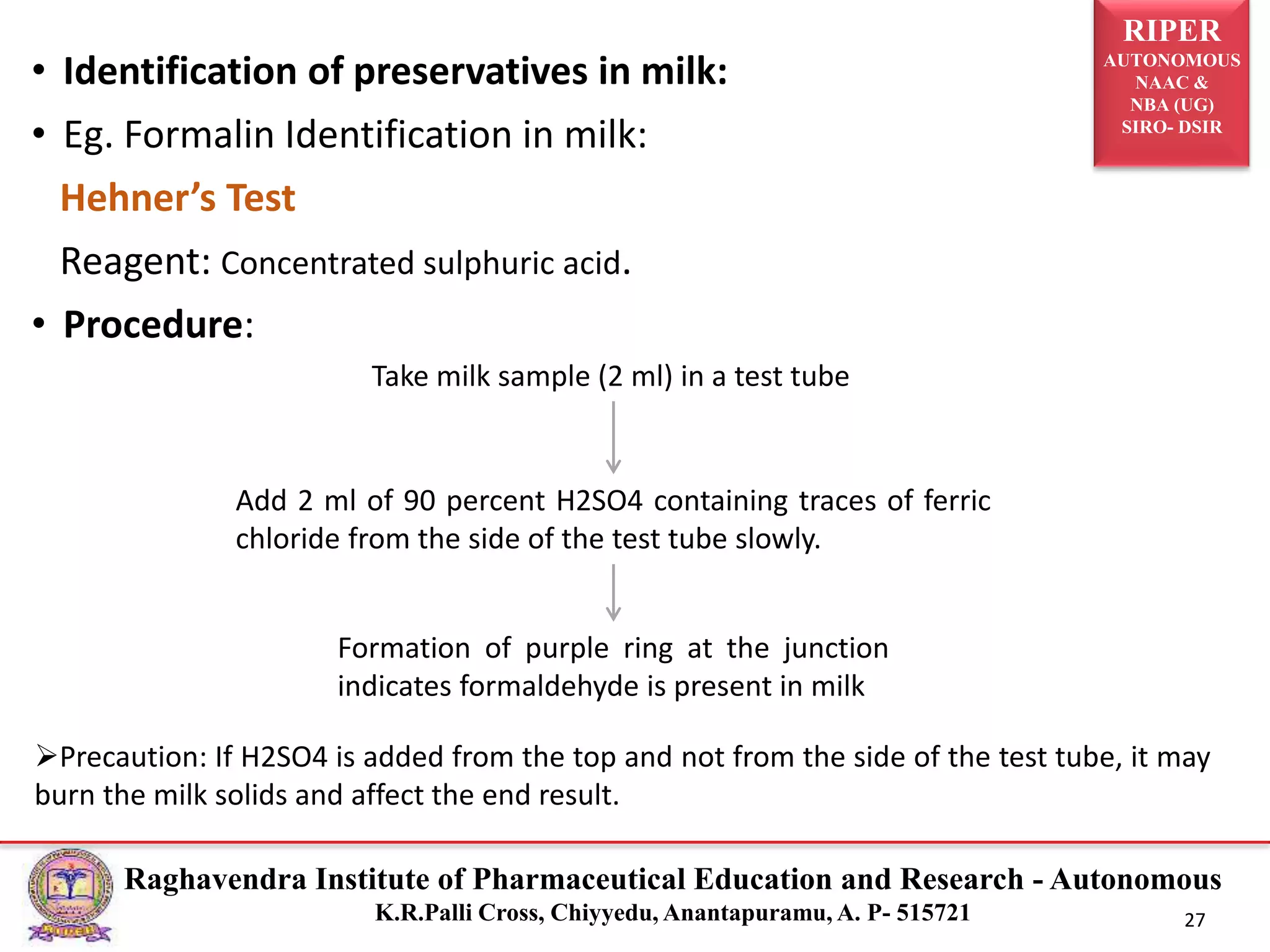 Detection of Adulterants and Contaminants of Milk. | PPTX