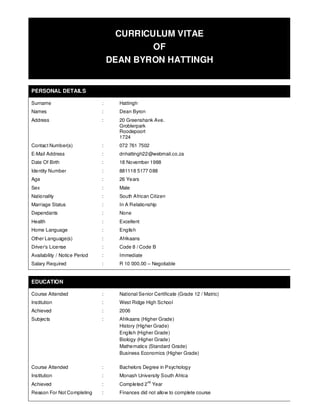CURRICULUM VITAE D.B.Hattingh | PDF