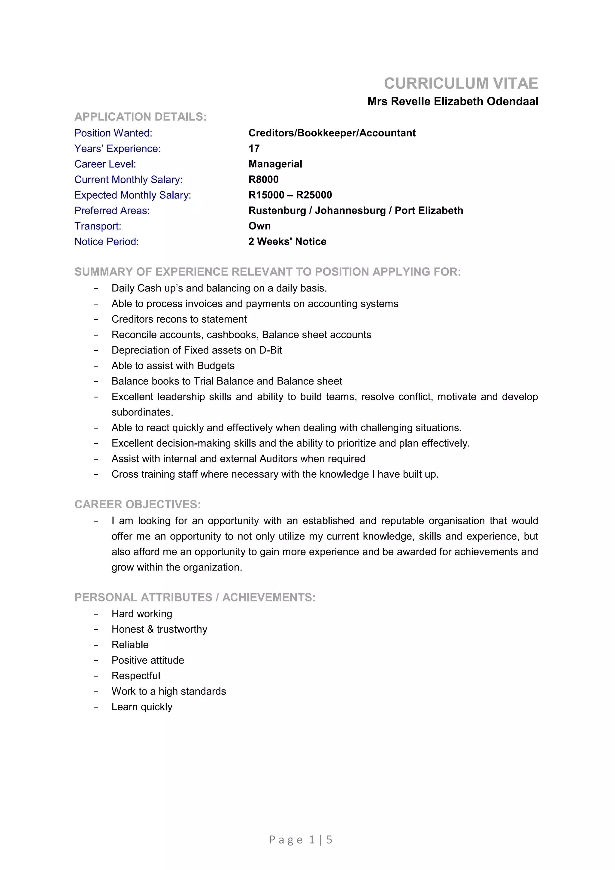 CV Revelle Odendaal | PDF