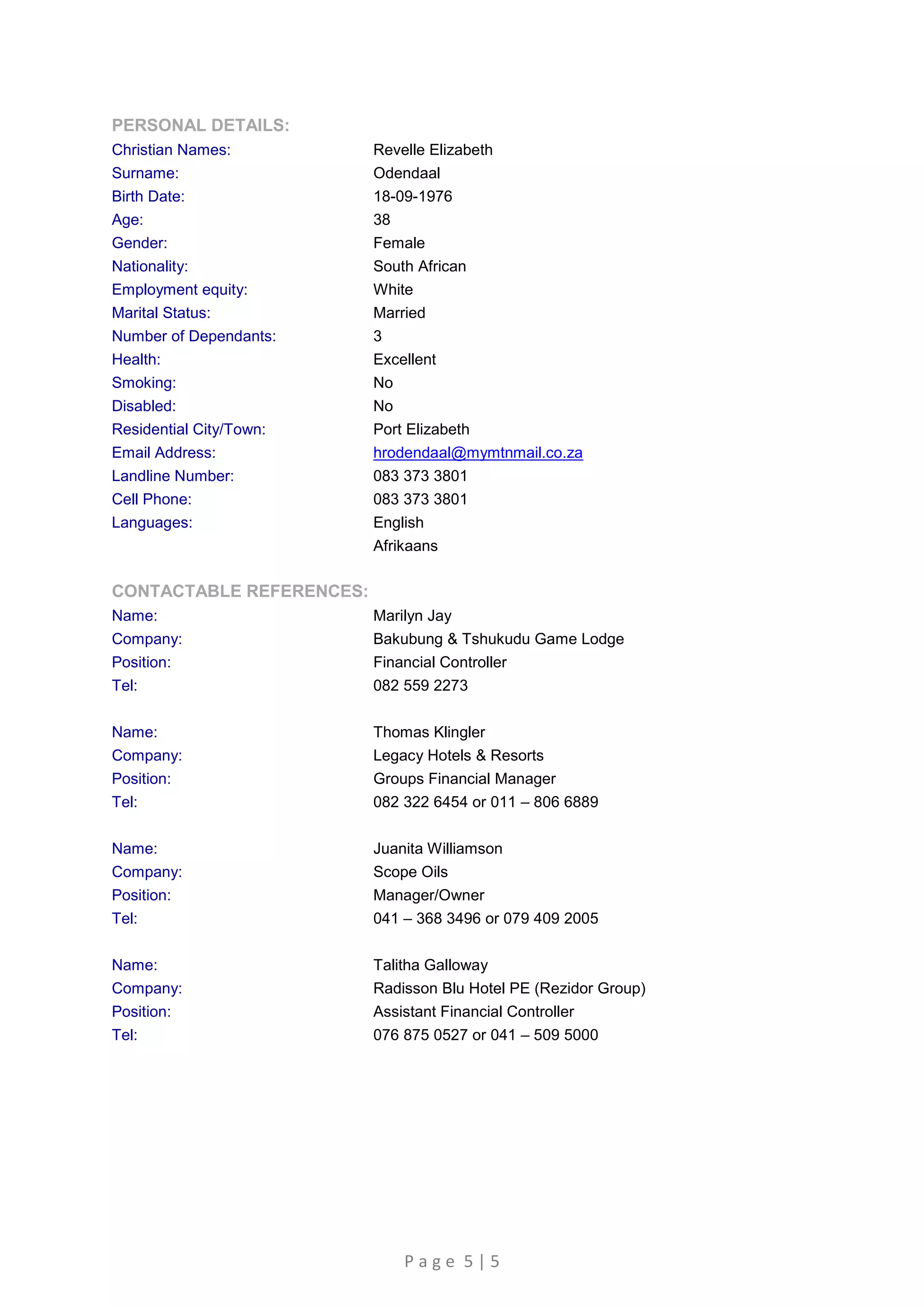 CV Revelle Odendaal | PDF