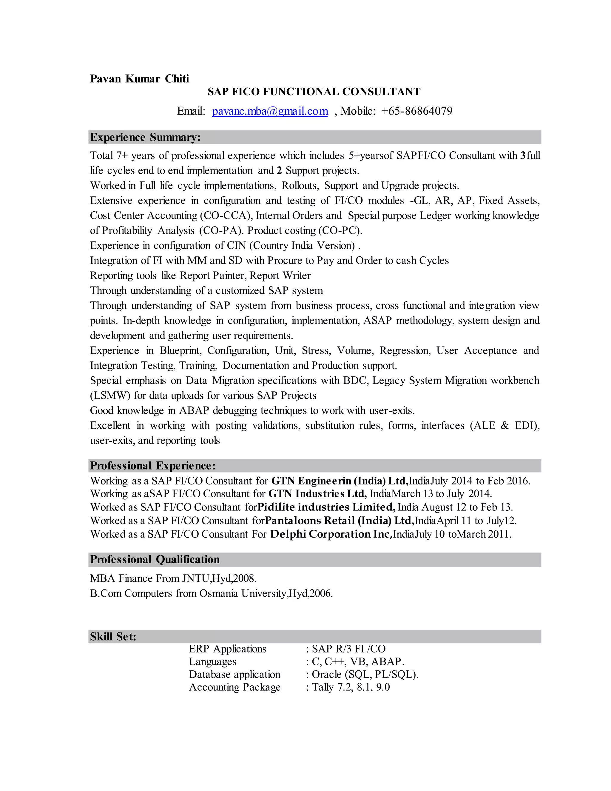 Pavan SAP FICO resume | DOCX | Business Accounting & Finance | Business