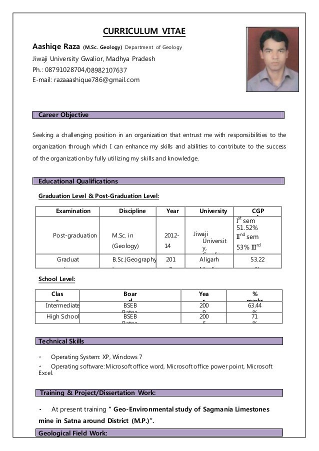 Geology Cv For Graduate School