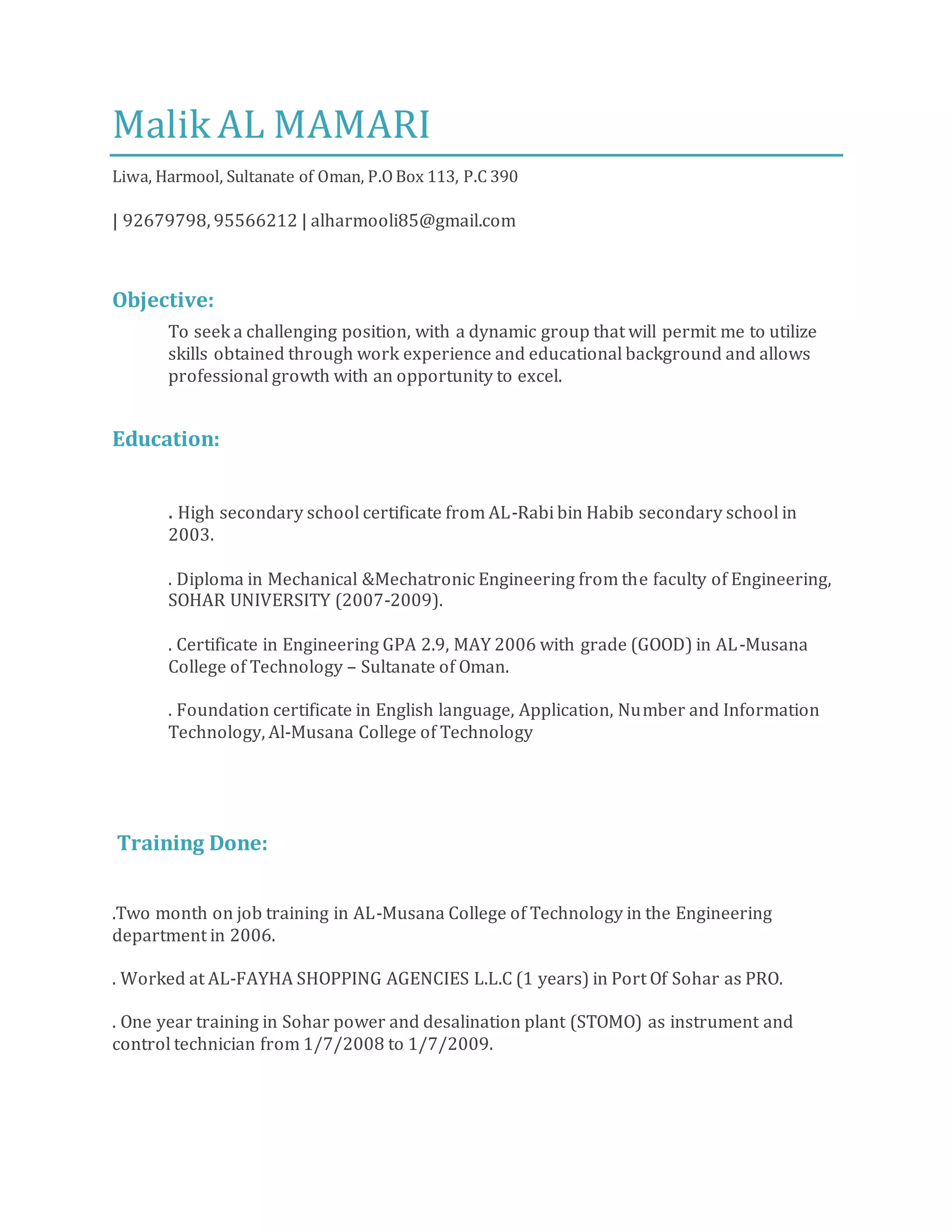 Malik AL MAMARI | DOCX | Power and Energy Industry | Industries