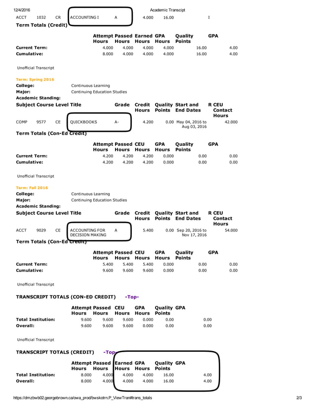 George Brown College Academic Transcipt | PDF | Undergraduate Education | College Education