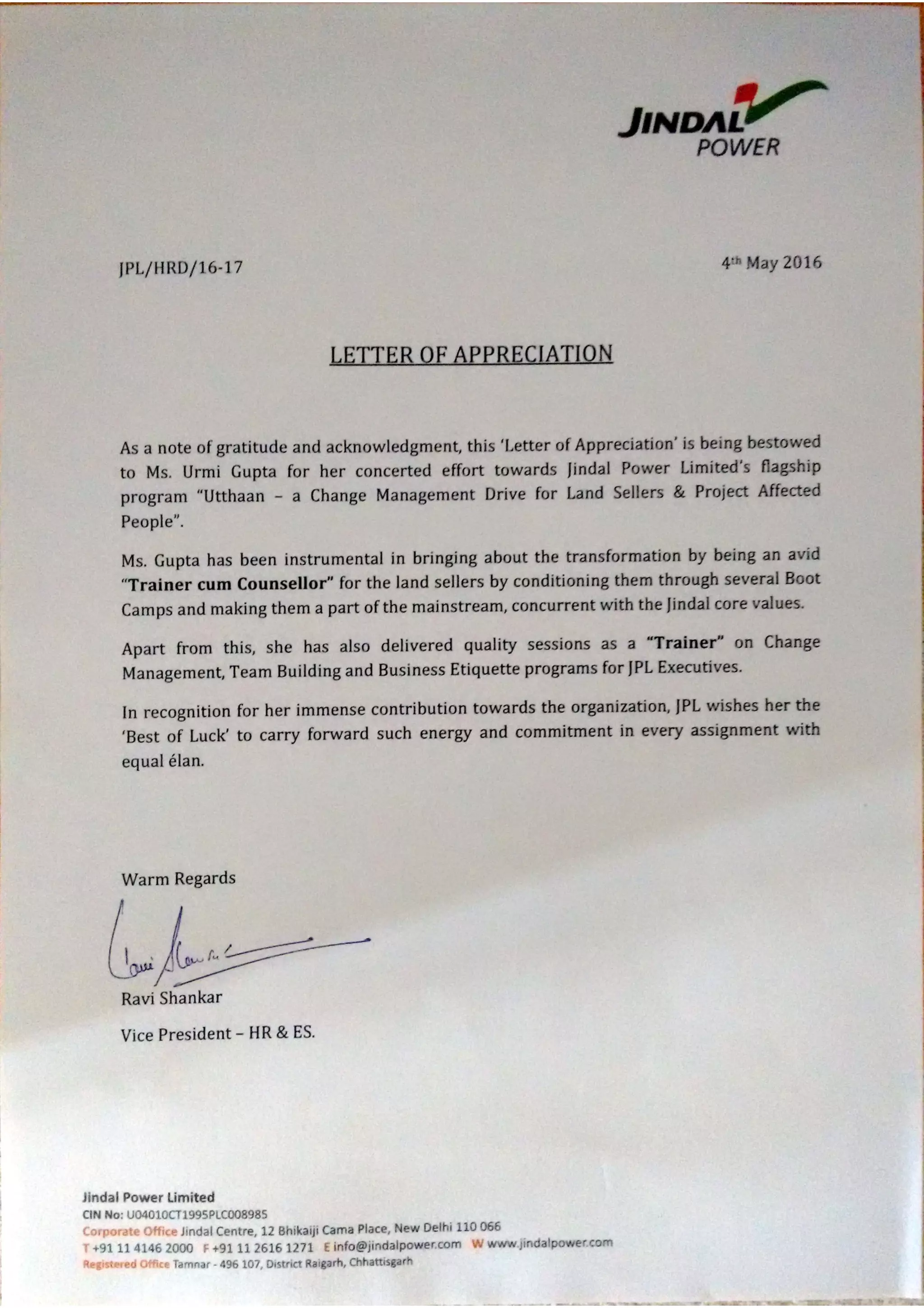 Urmi JPL appreciation letter | PDF
