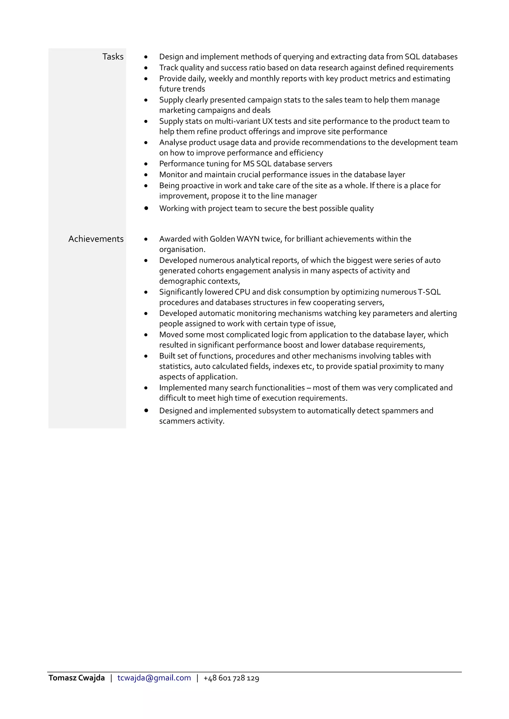tomasz_cwajda_CV_eng | PDF | Databases | Computer Software and Applications