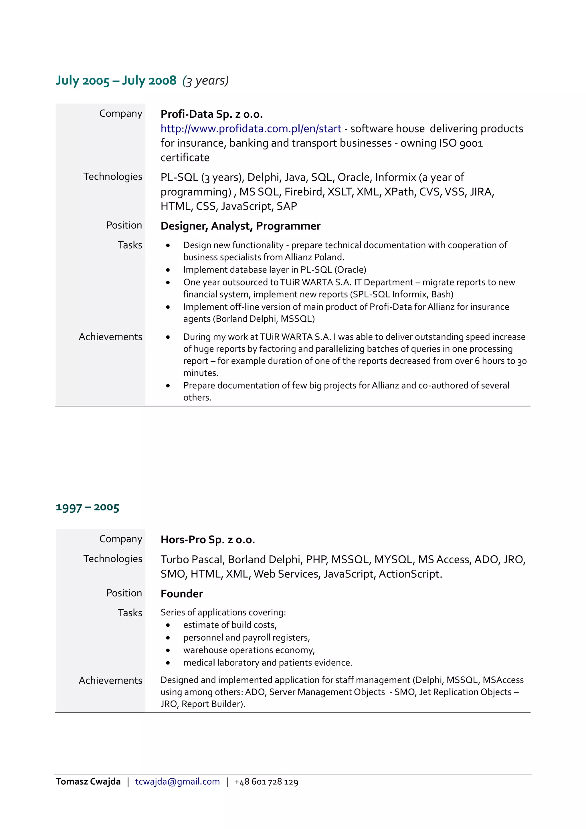 tomasz_cwajda_CV_eng | PDF | Databases | Computer Software and Applications