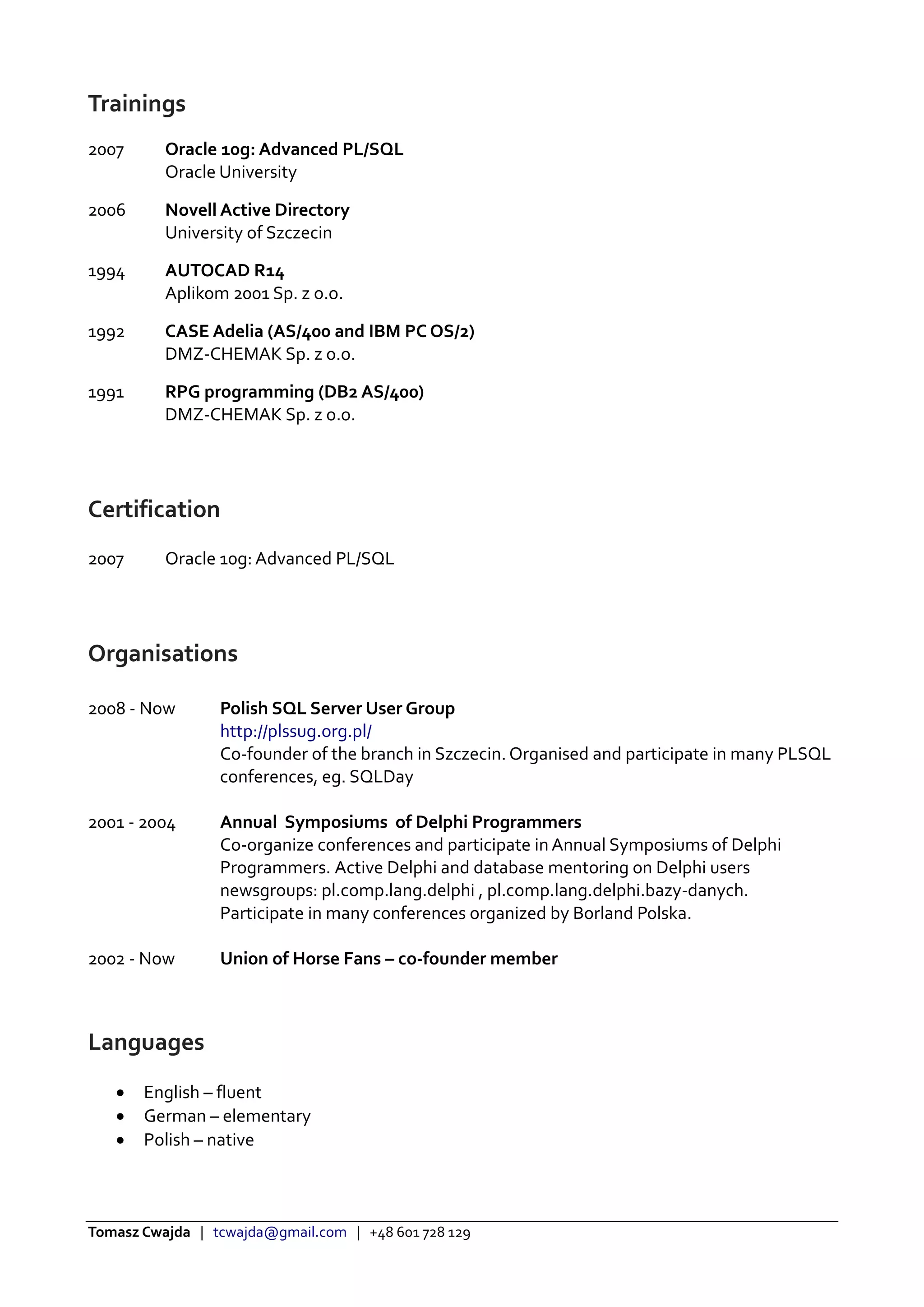 tomasz_cwajda_CV_eng | PDF | Databases | Computer Software and Applications